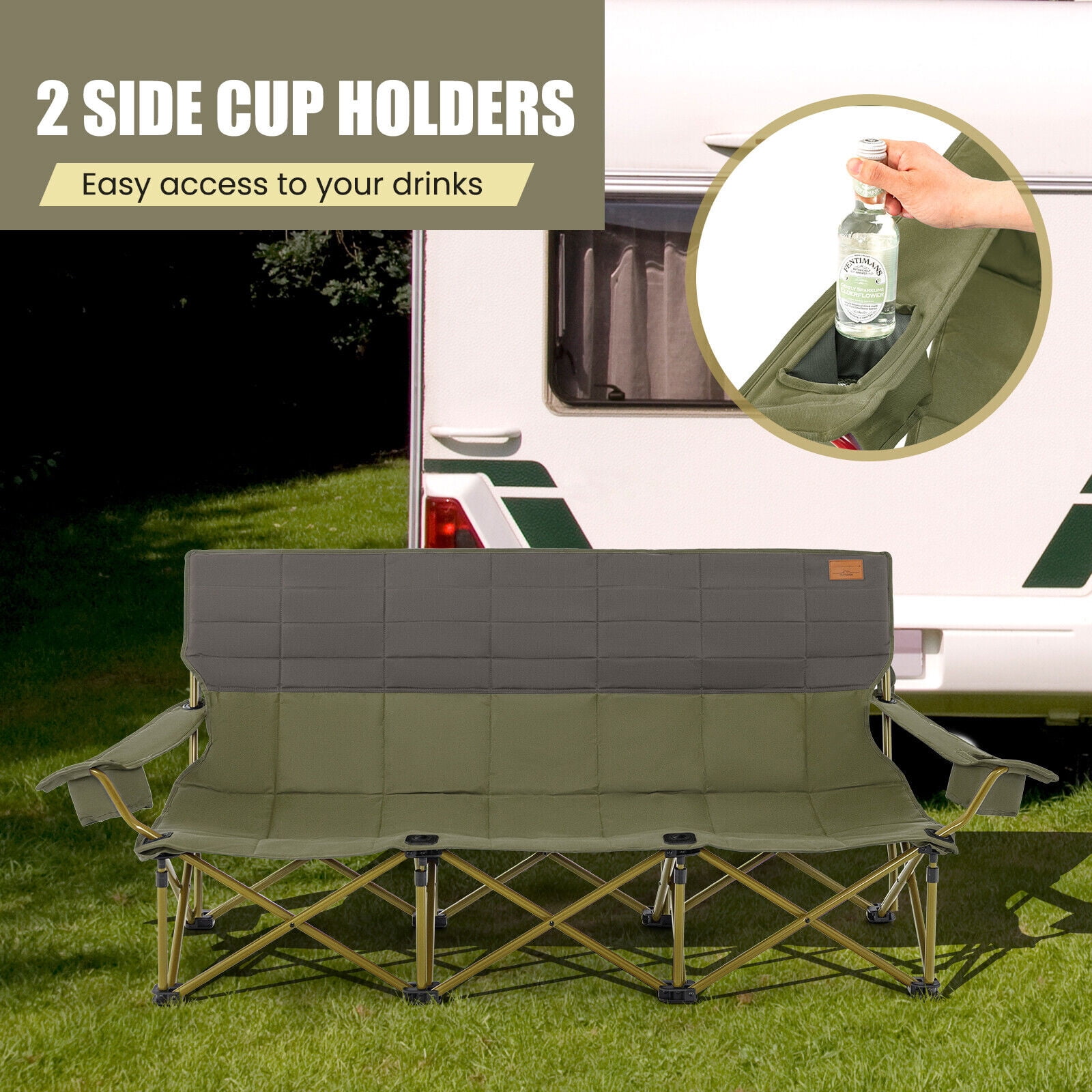 Laicejoy 3 Person Folding Camping Chair, Heavy-Duty Camp Couch with 2 ...