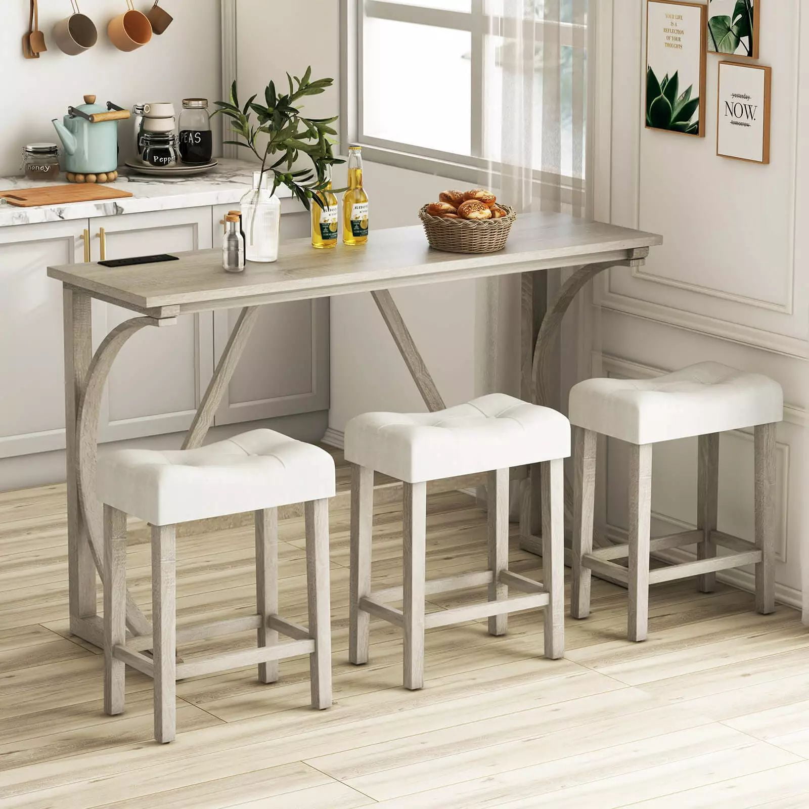 Laicejoy 4-Piece Farmhouse Bar Table Set with Power Outlet, Counter ...