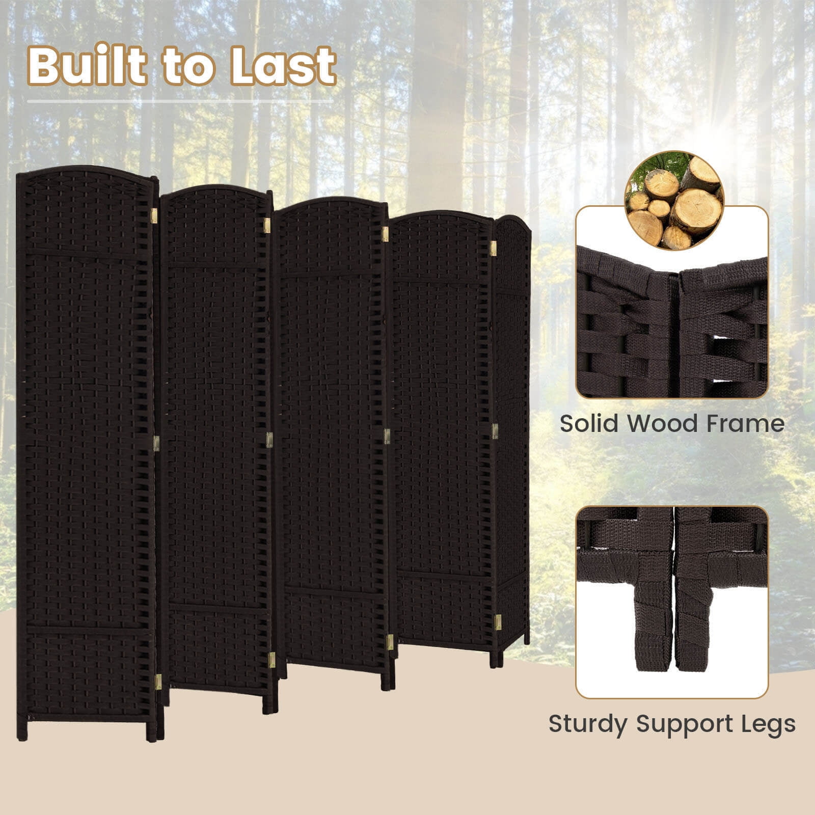 Laicejoy 8-Panel Folding Room Divider Privacy Screen w/ Hand-woven ...