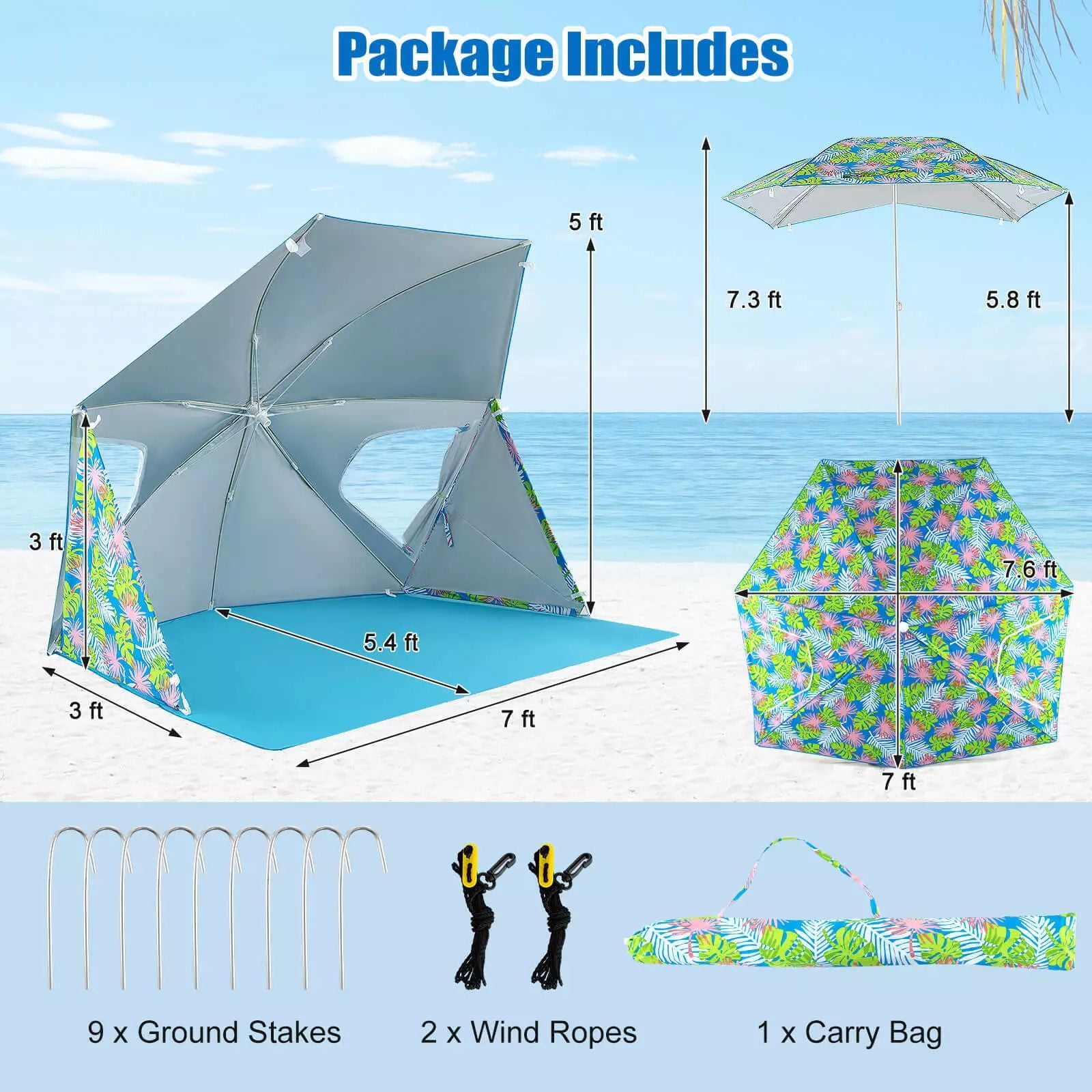 Laicejoy Convertible Beach Tent for 2-4 People, 2-In-1 Sun Umbrella ...