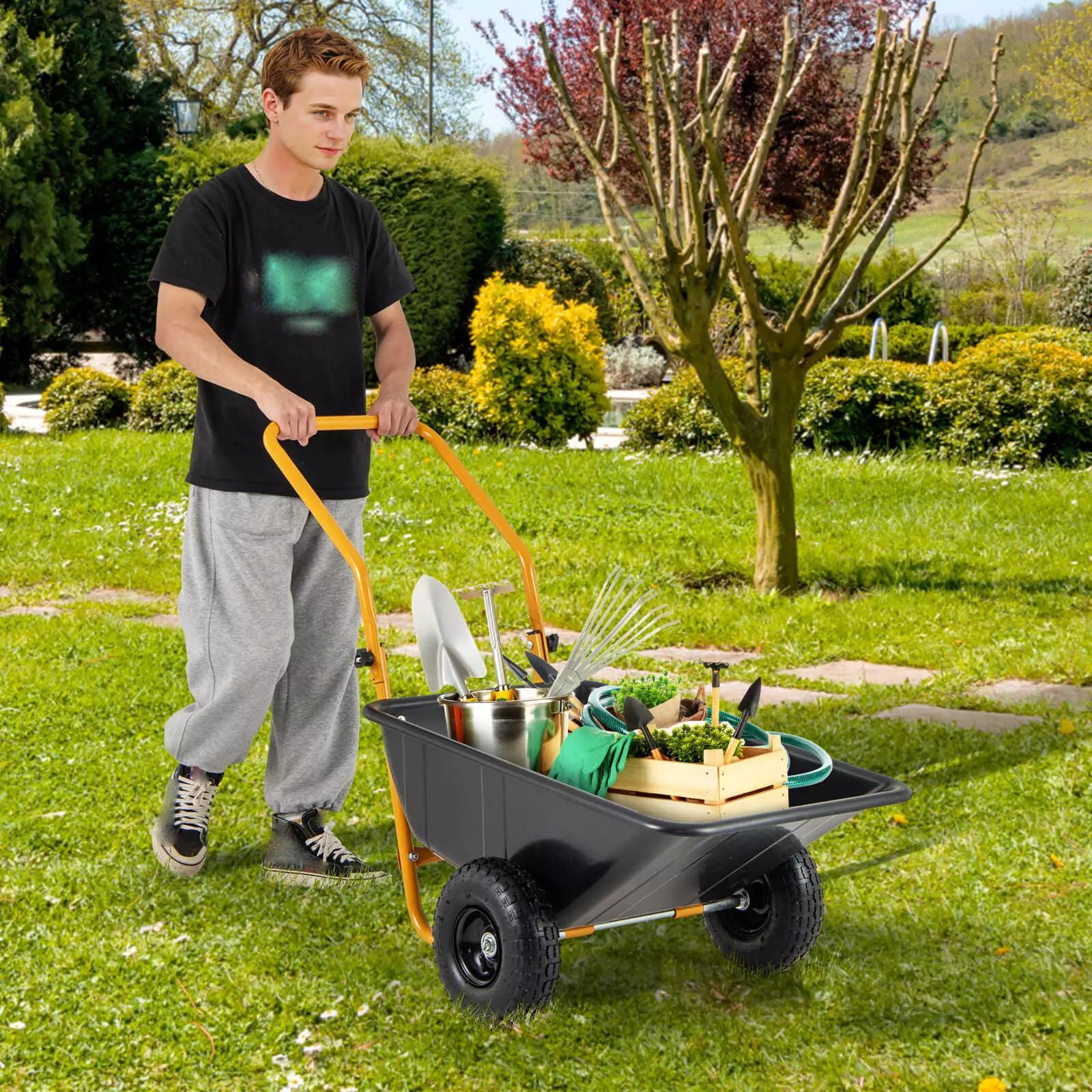 Laicejoy Dual-Wheel Wheelbarrow, Heavy-Duty Utility Garden Cart w ...