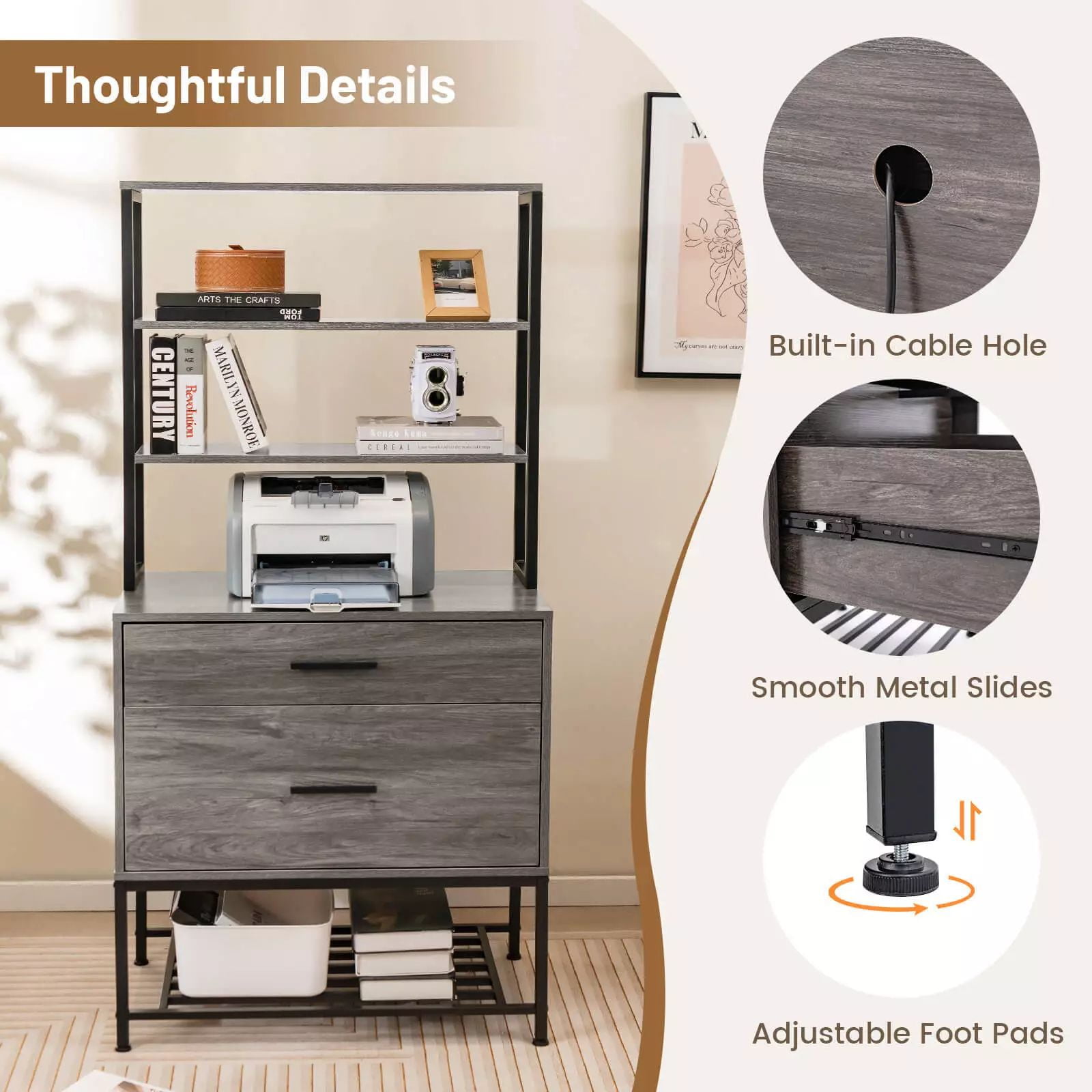 Laicejoy File Cabinet with Charging Station, Freestanding Printer Stand ...