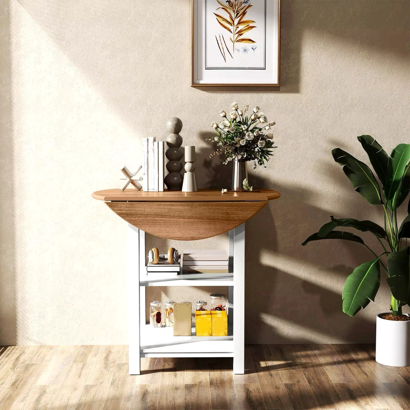 Laicejoy Folding Round Dining Table, Drop Leaf Table with 2 Shelves for ...