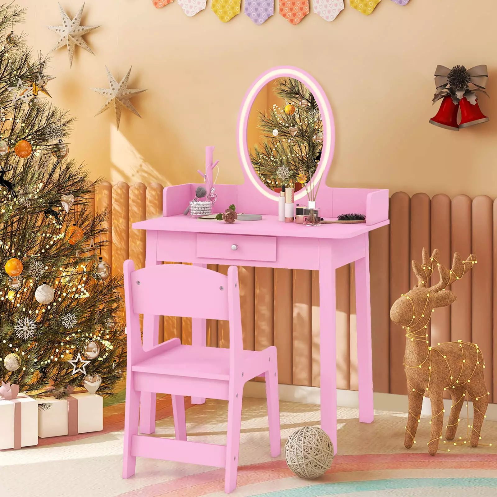 Laicejoy Kids Vanity Set w/ Lighted Mirror Chair 2-Color LED Lighting ...