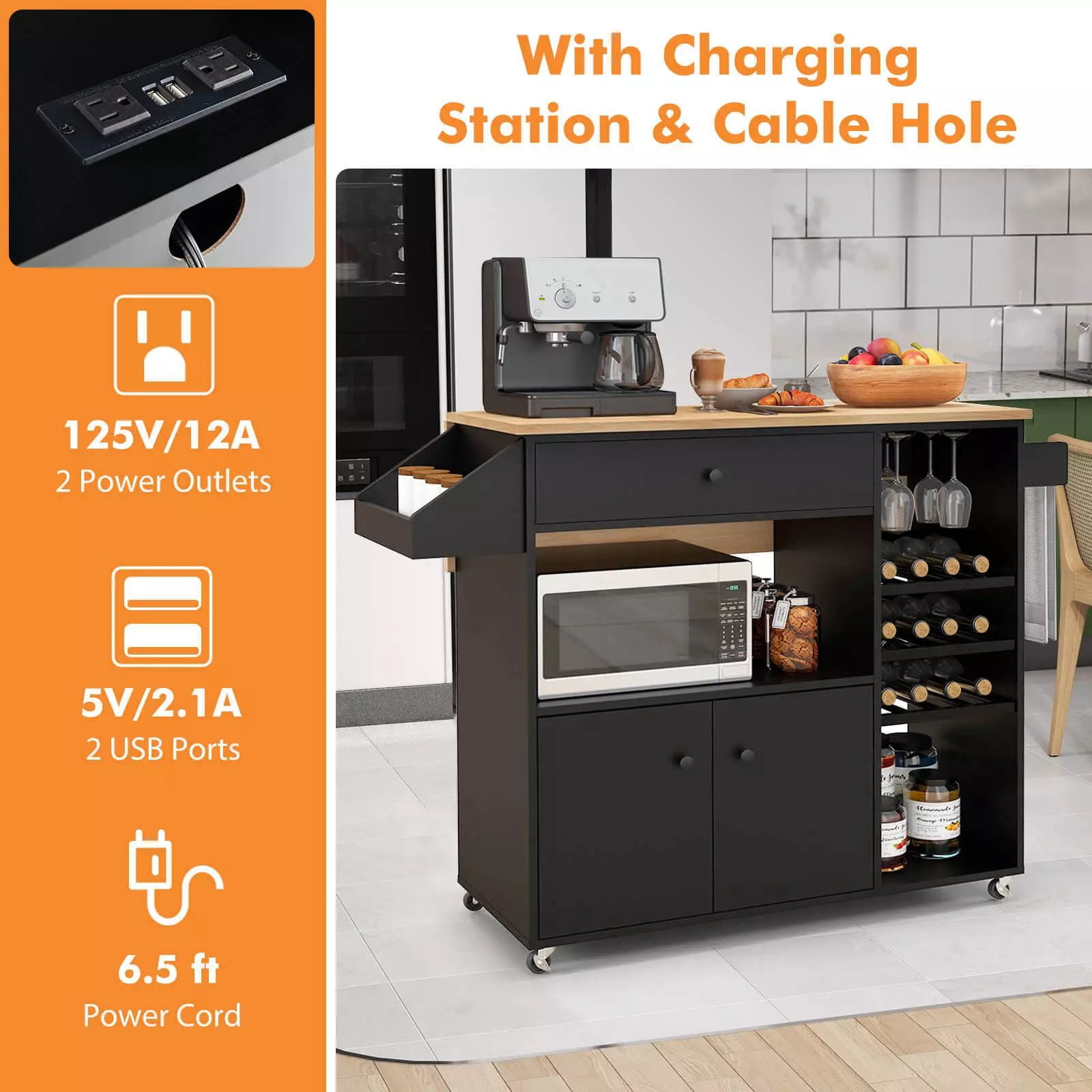 Laicejoy Kitchen Island Cart w/ Drop-Leaf & Power Outlet, Mobile Buffet ...