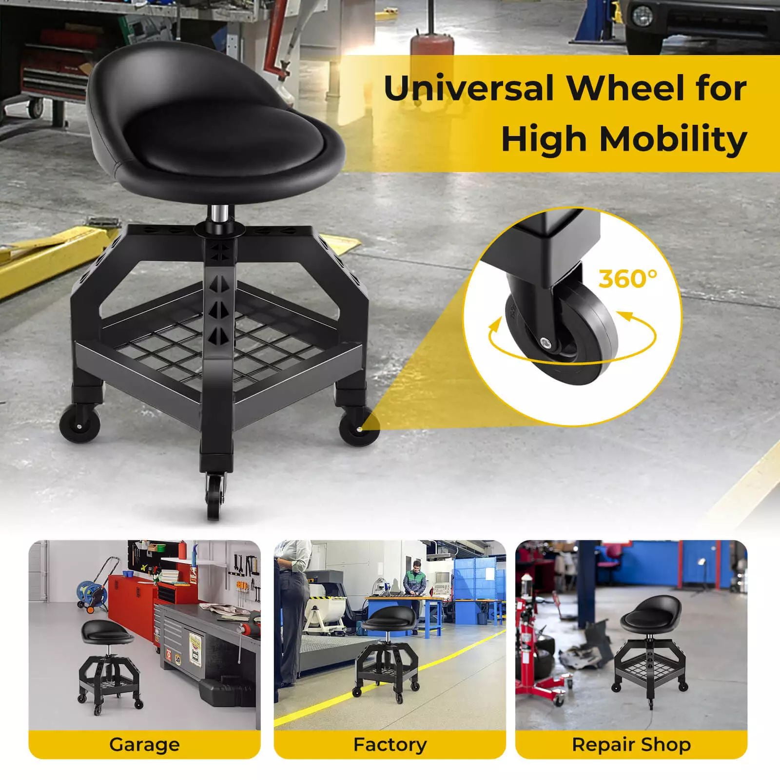 Laicejoy Mechanic Stool with Wheels, Adjustable Height Swivel Shop ...
