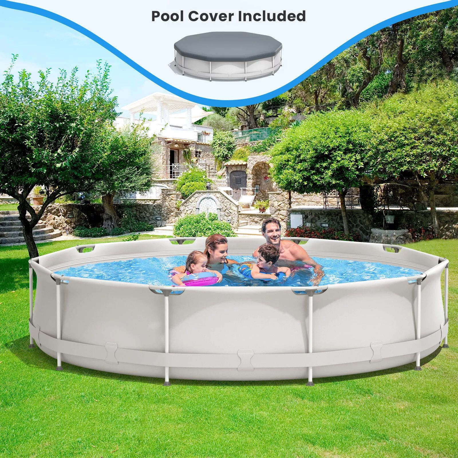 Laicejoy Round Above Ground Swimming Pool, Patio Frame Pool W/ Pool ...