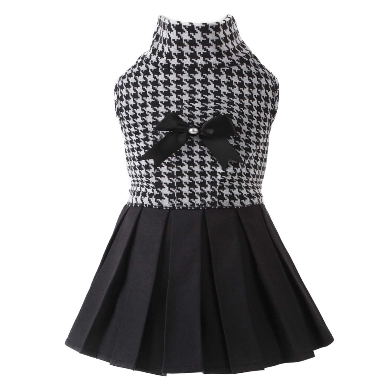 Laifug Black and White Houndstooth Turtleneck Fancy Dog Dress with Bow ...