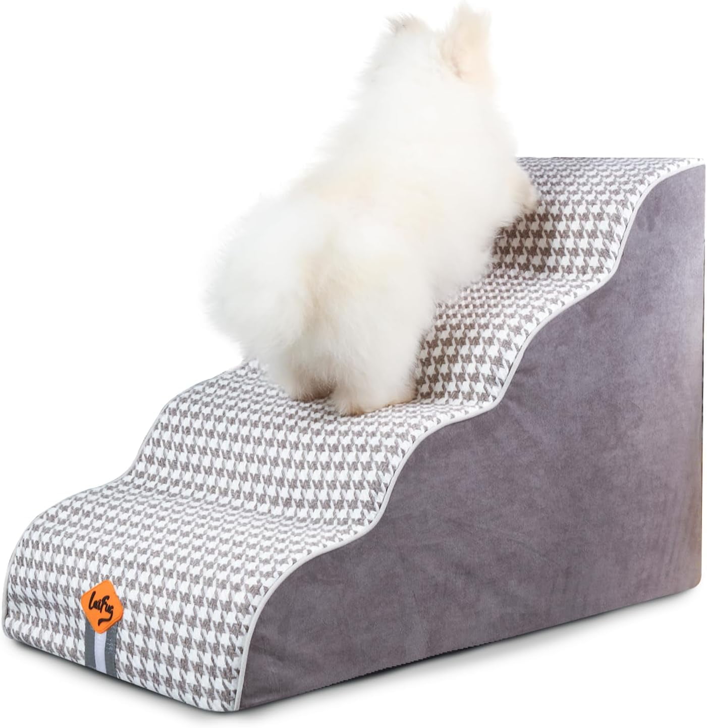Laifug Curved Dog Stairs, 4-Step Pet Stairs for High Beds, Houndstooth ...