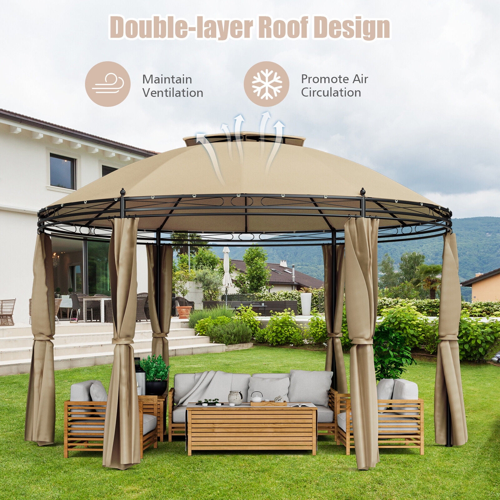 Laijoy 11.5 ft Round Patio Gazebo Tent, Outdoor Dome Gazebo Canopy Shelter w/Double Roof Design ...