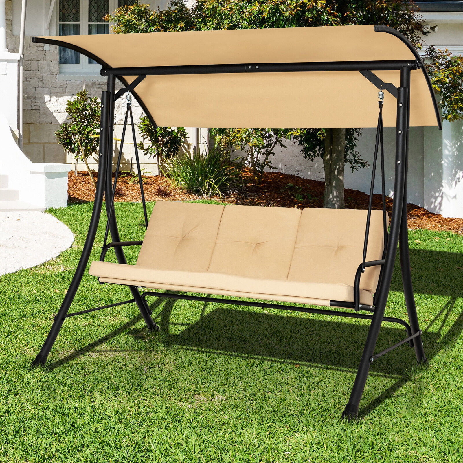 Laijoy Adult Metal Frame Porch Swing with Adjustable Canopy, Black ...