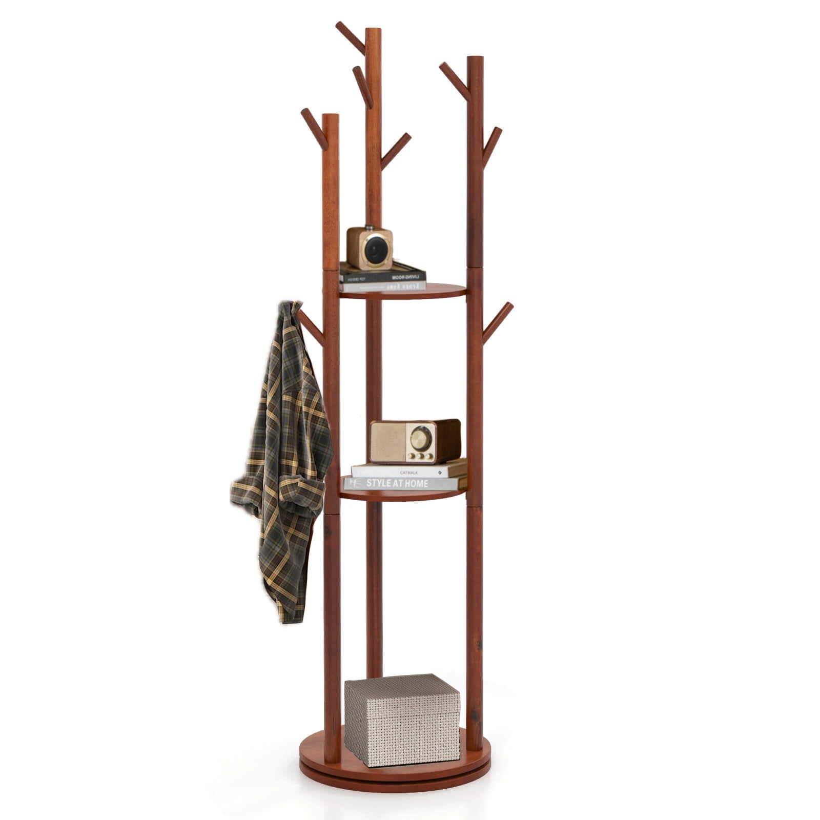 Laijoy Freestanding Wooden Coat Tree, 360° Rotary Coat Rack w/ 3 ...