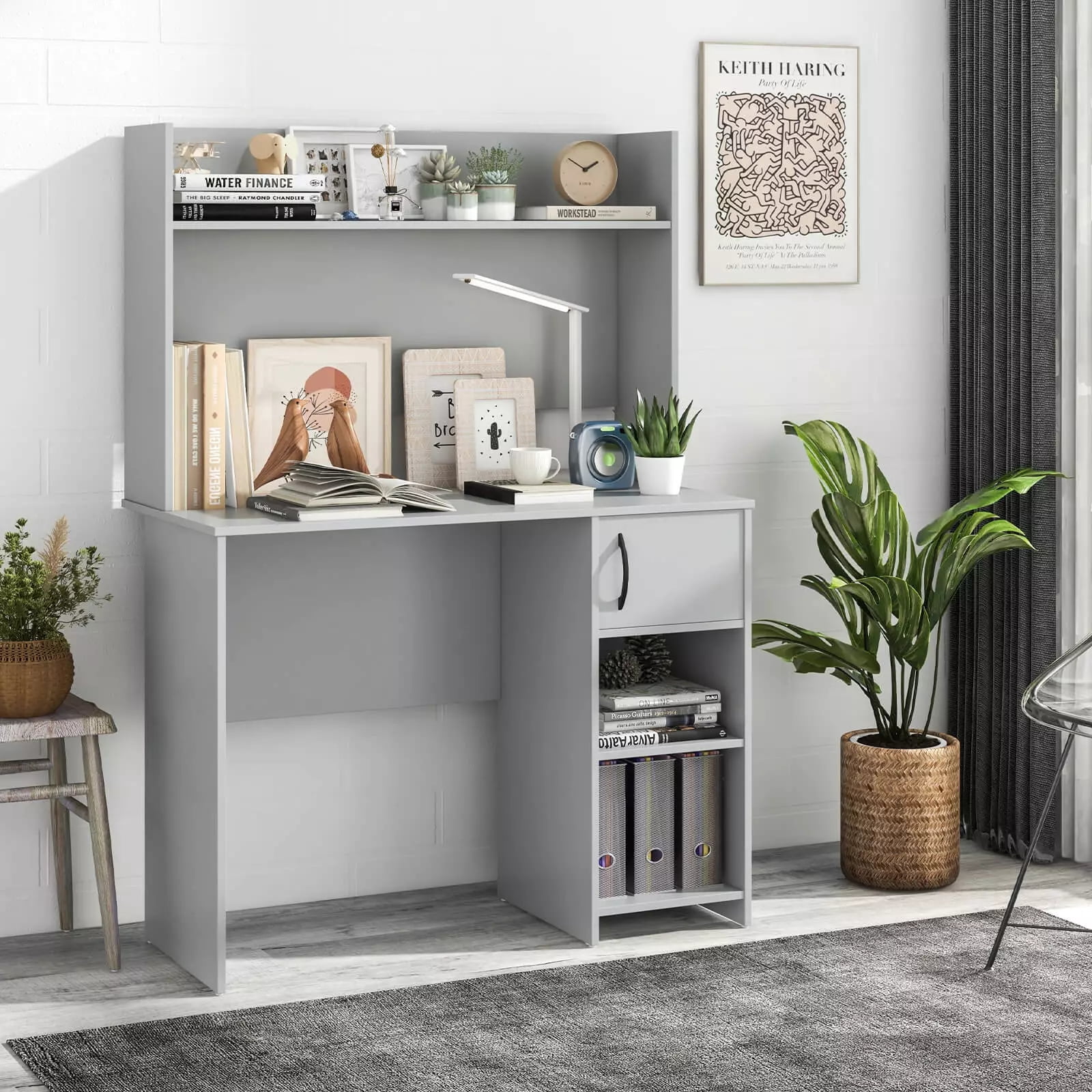 Laijoy Home Office Desk w/ Raised Display Shelf & 2 Open Shelves ...