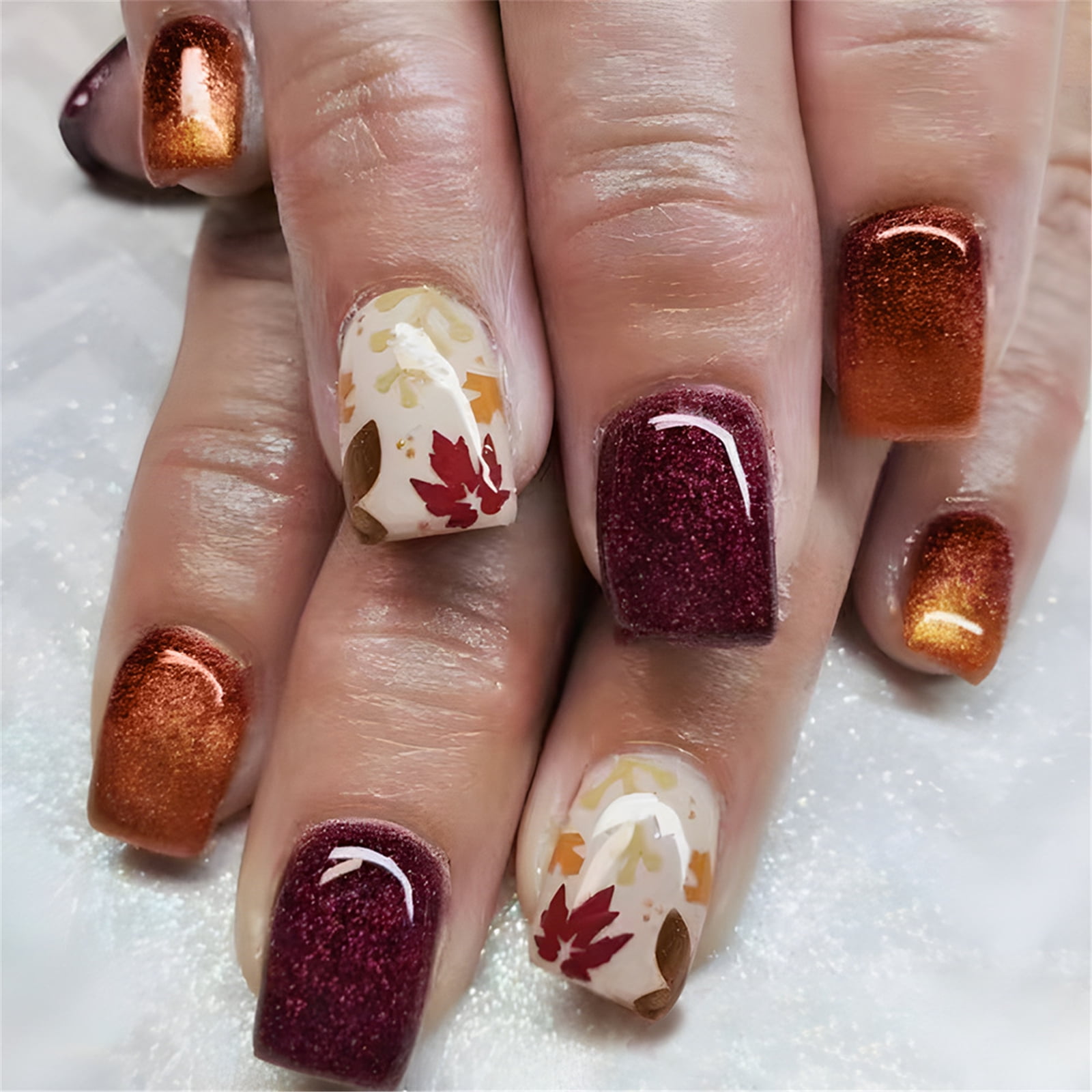 Laikoutd Fall Maple Leaves Press on Nails Short Square Thanksgiving ...