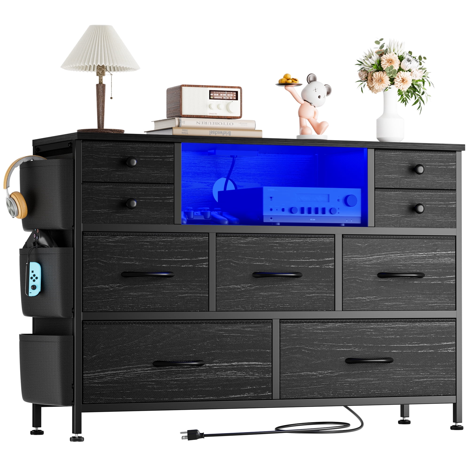 Laintene Bedroom Dresser with LED Lights, 9-Drawer Fabric Chest of ...