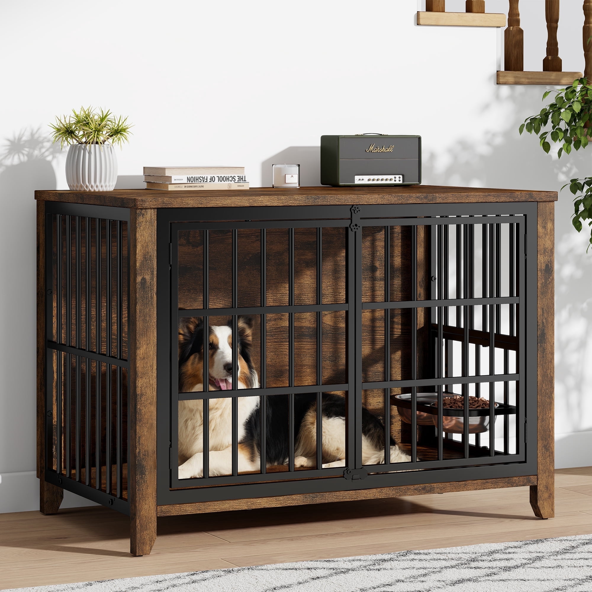 Laintene 37" Dog Crate Furniture with Bowls, Wooden Dog Crate Indoor ...