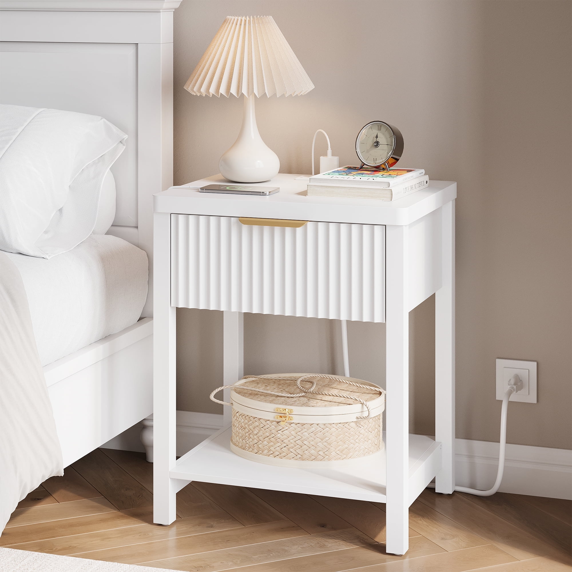Laintene Fluted Nightstand for Bedroom, Fluted Bedside Table with 2 AC ...