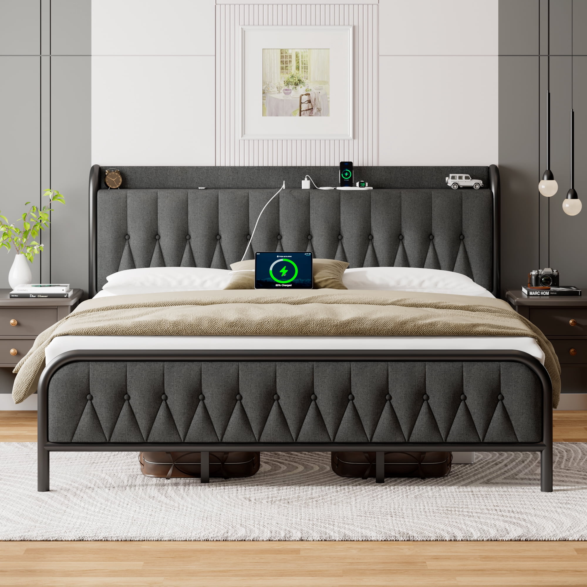 Laisnet King Bed Frame with Type-C & USB Ports,12" Underbed Storage ...