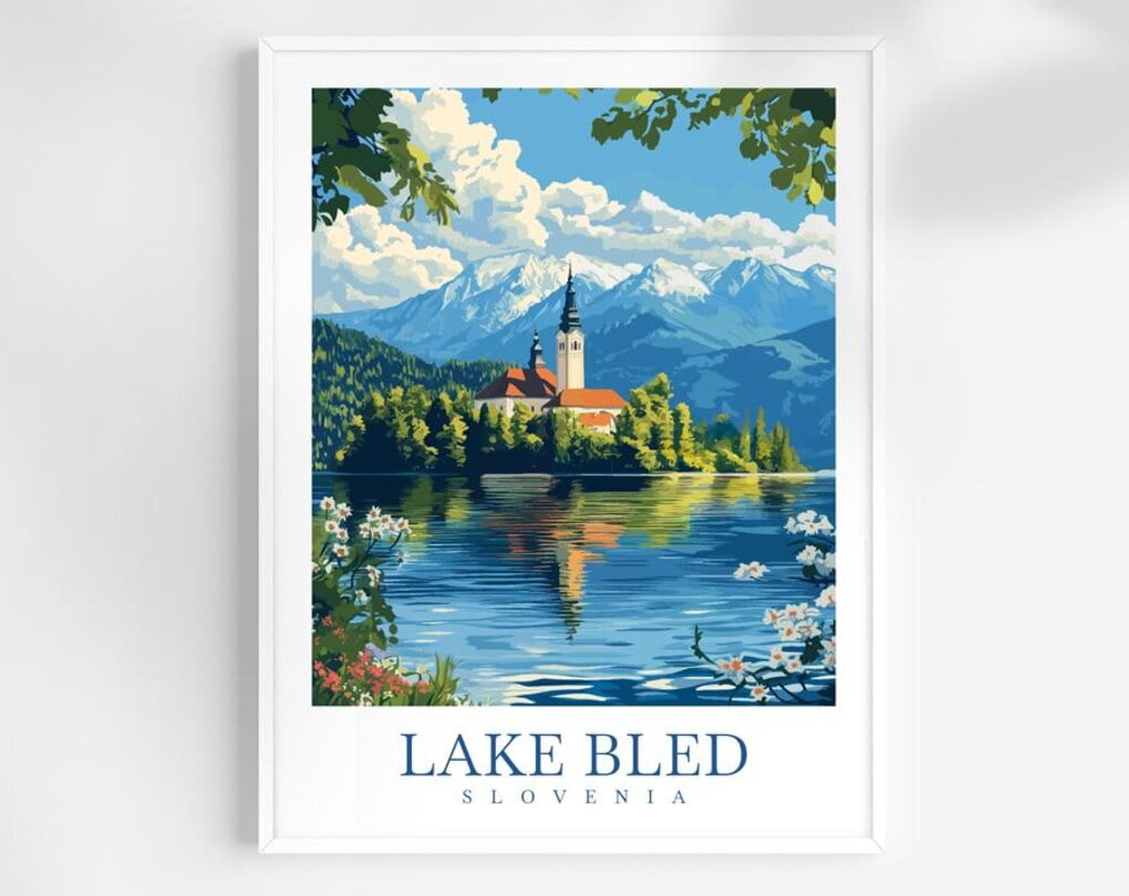 Lake Bled Slovenia Travel Print Wall Art – Illustrated Lakeside Landscape Poster, Island Church ...
