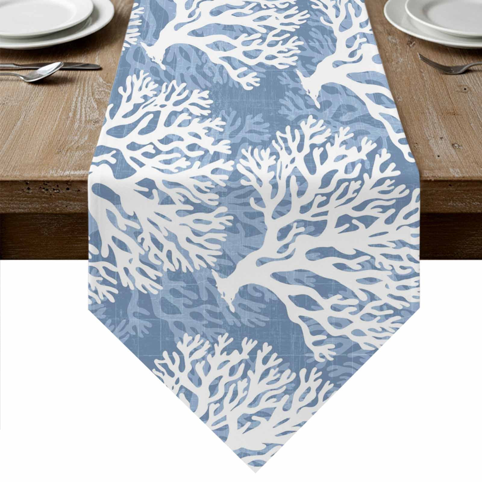 Lake Blue Coral Coastal Table Runner Linen Burlap Table Runner 72 ...