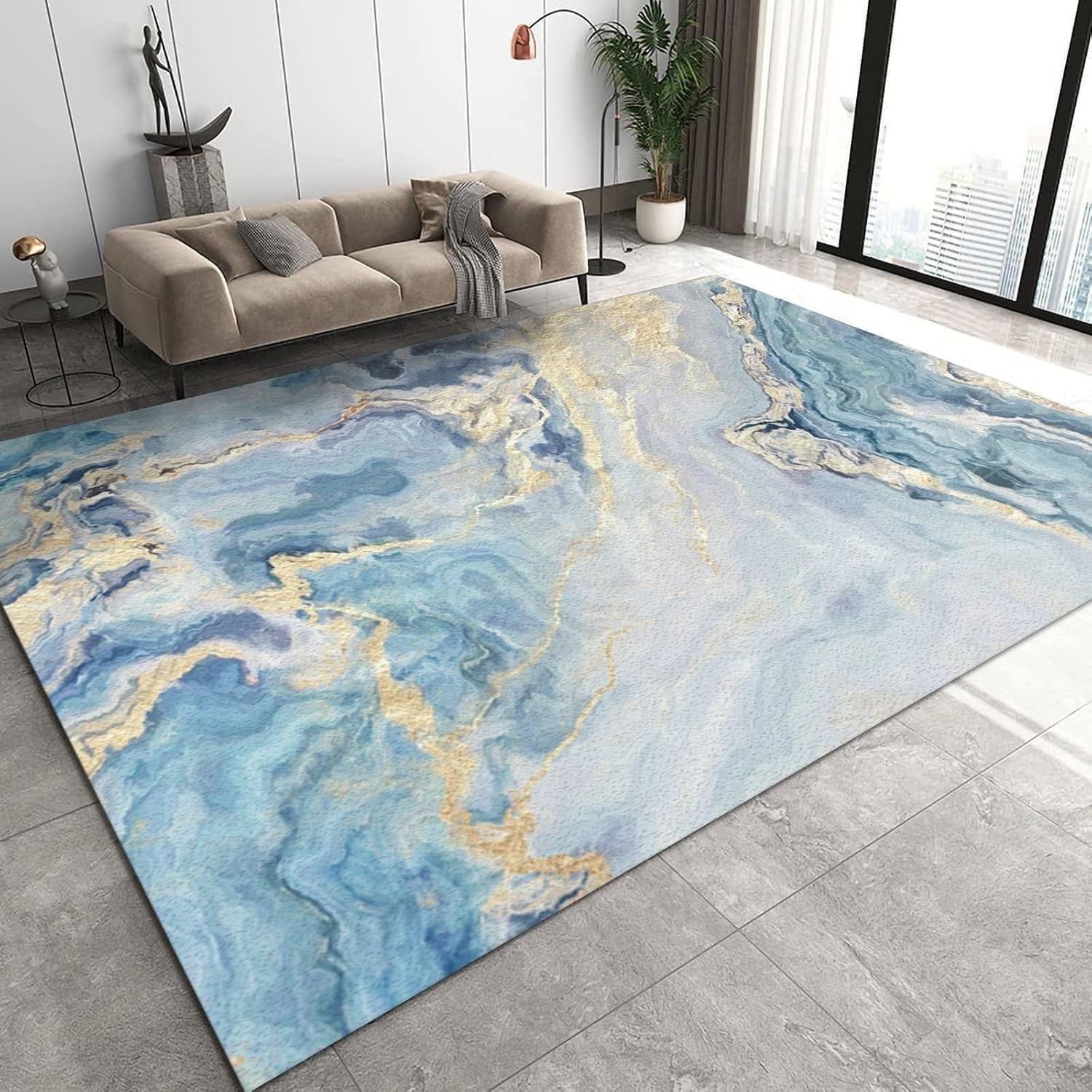 Lake Blue Marble Rug, Modern Minimalist Golden Home Rug, Washable Soft ...
