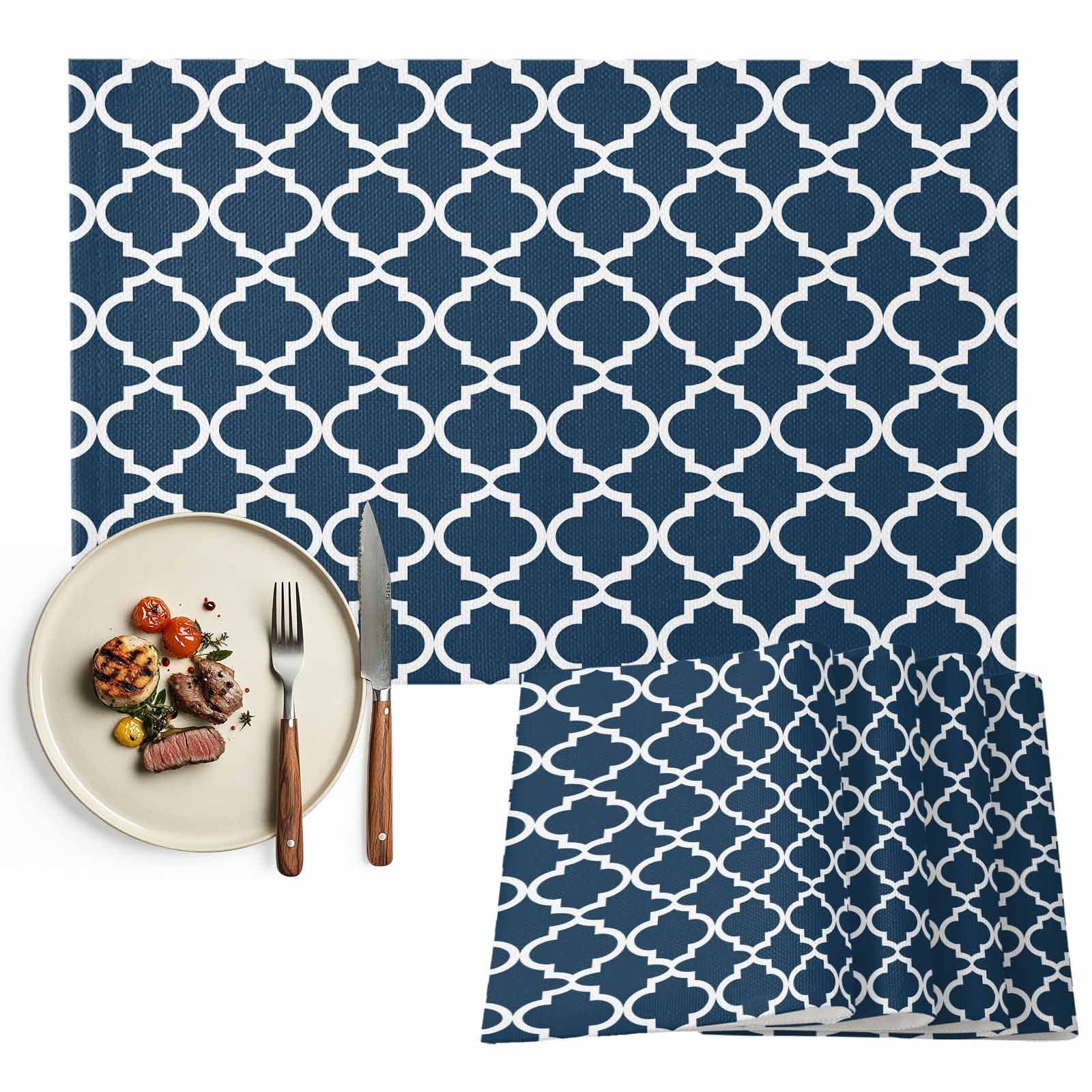 Lake Blue White Geometric Placemats Set of 8, Modern Morocco Pattern ...