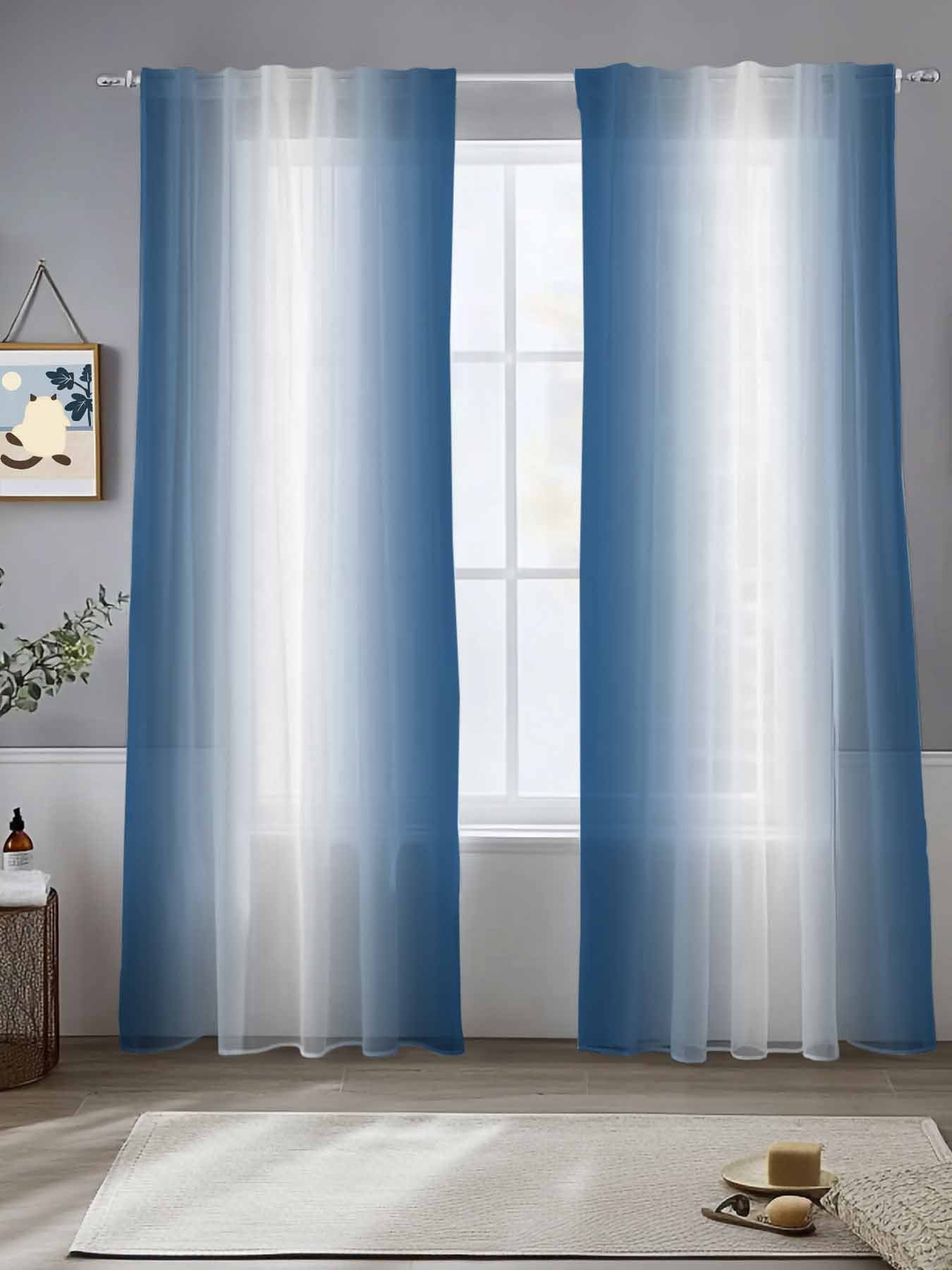 Lake Blue White Ombre Sheer Curtains for Living Room Bedroom Retro Minimalist Gradient Art Sheer ...