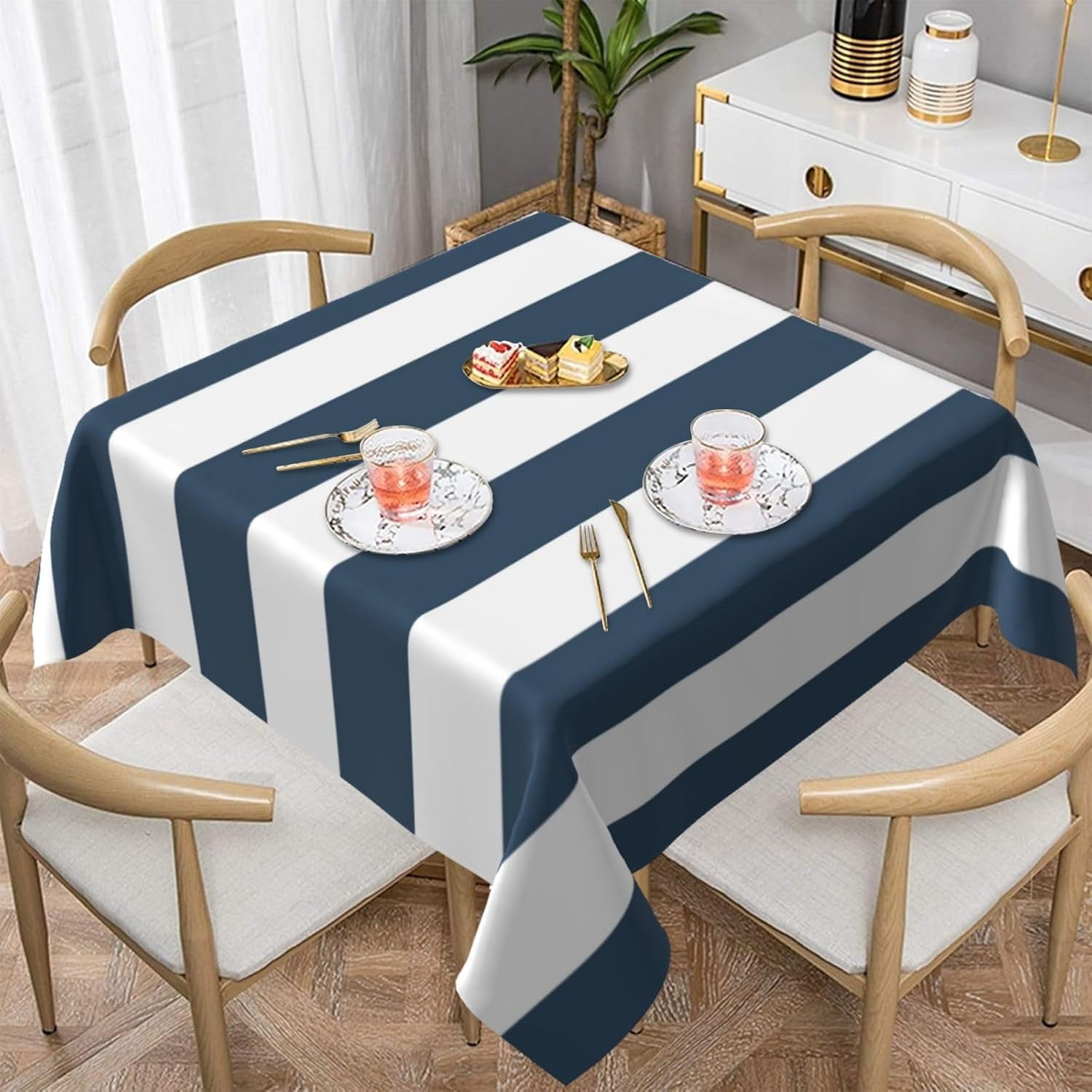 Lake Blue and White Stripes Soft Tablecloth Square Dinng Table Covers ...