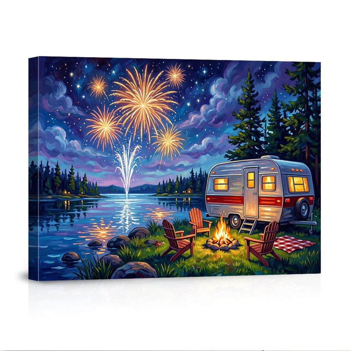 Lake Camping Fireworks Camper Glamping Vacation Art Forest Night Sky ...