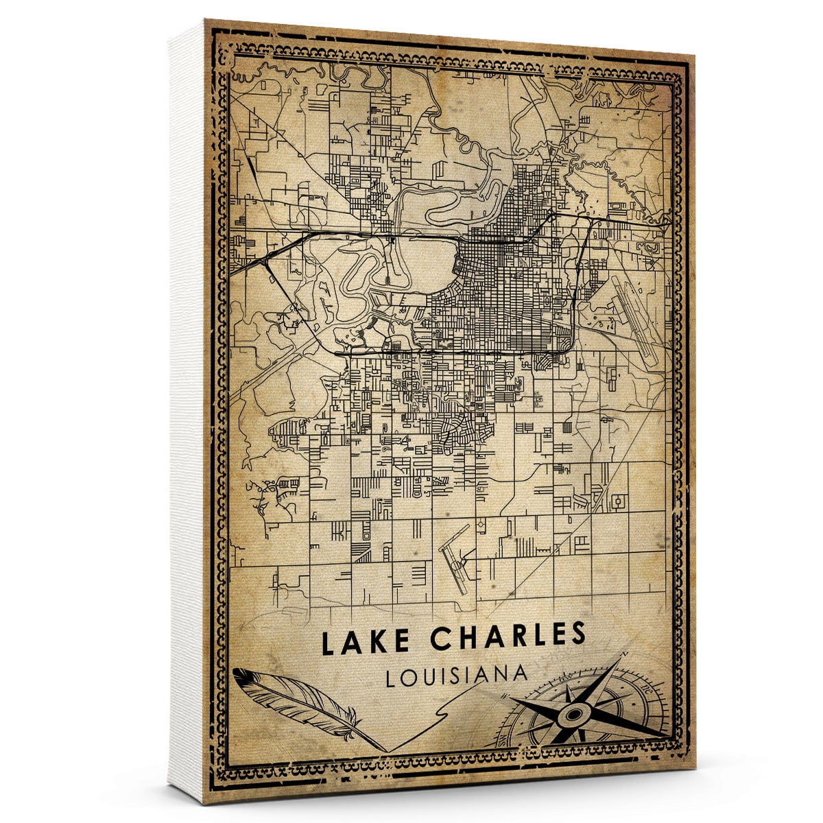 Lake Charles Vintage Map Prints Canvas, Louisiana Map Art Canvas ...