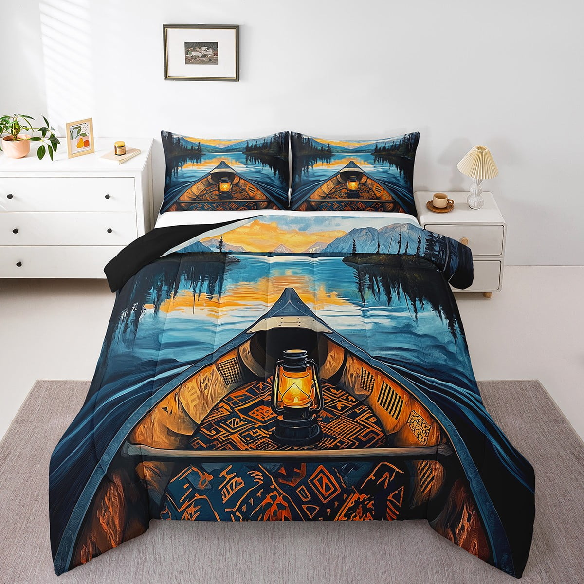 Lake Comforter Set Mountain Landscape Bedding Set,Boat Decor Bed Set ...