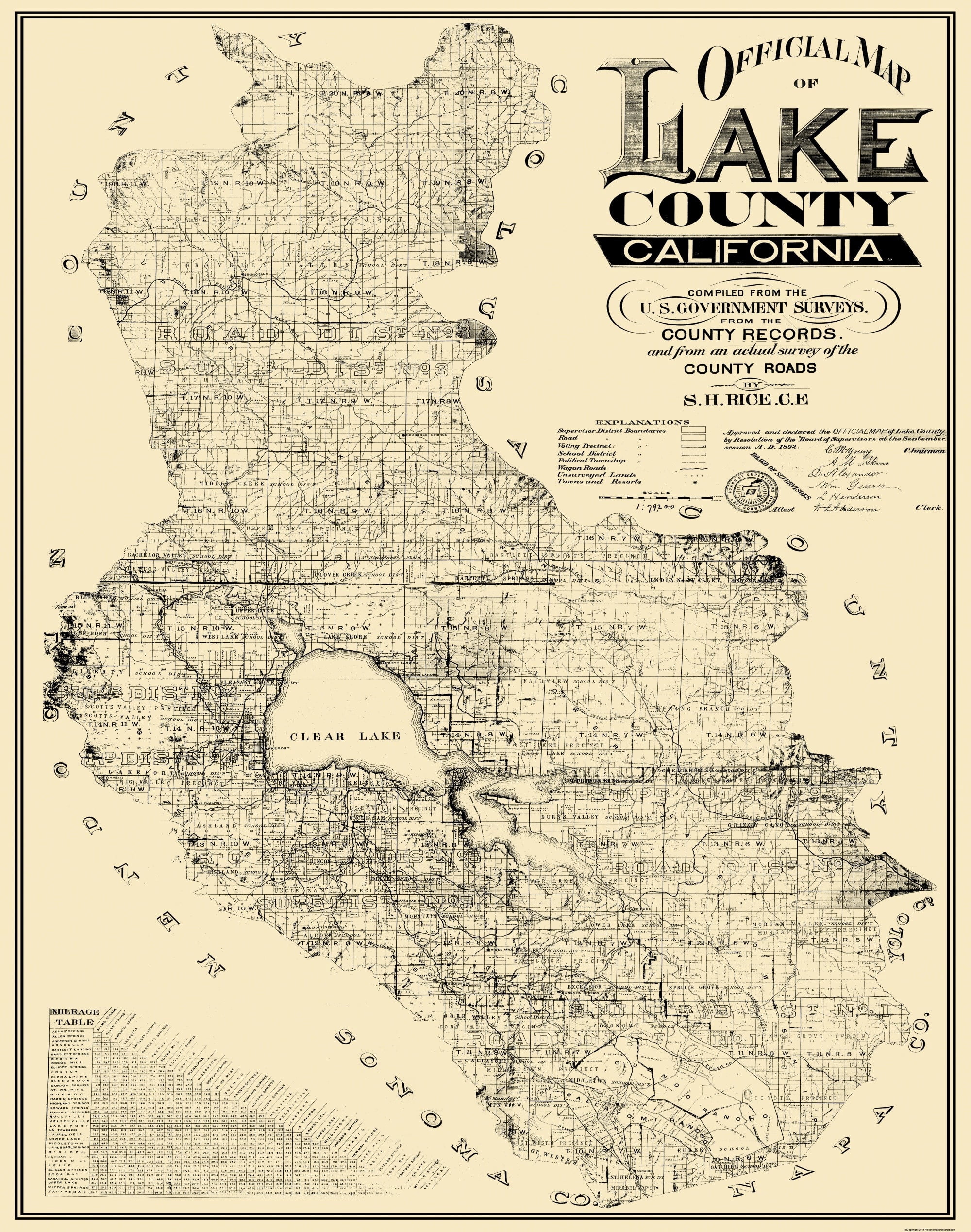 Historic County Map - Lake County California - Rice 1892 - 23 x 29.19 - Vintage Wall Art ...