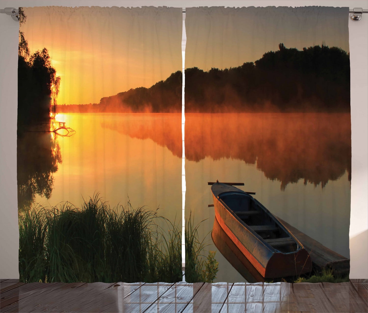 Ambesonne Lake Curtains 2 Panel Set, Boat on Misty Shoreline, 108" x 90 ...