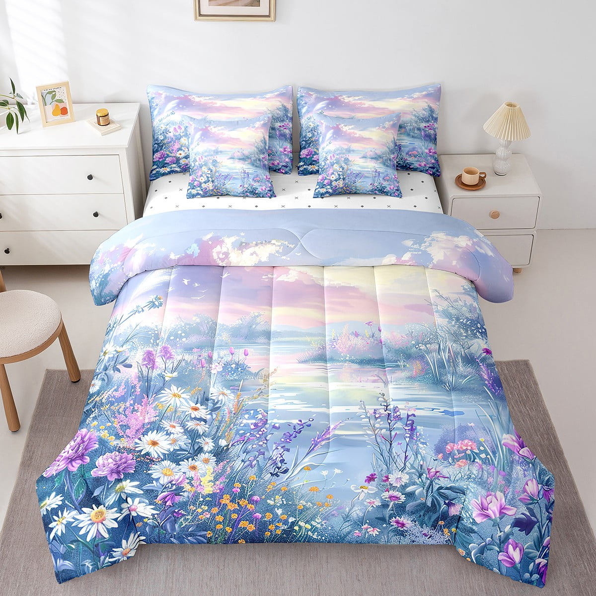 Lake Decor Comforter Set 7 Piece Bed in a Bag Twin,Jungle Flowers Sheet ...