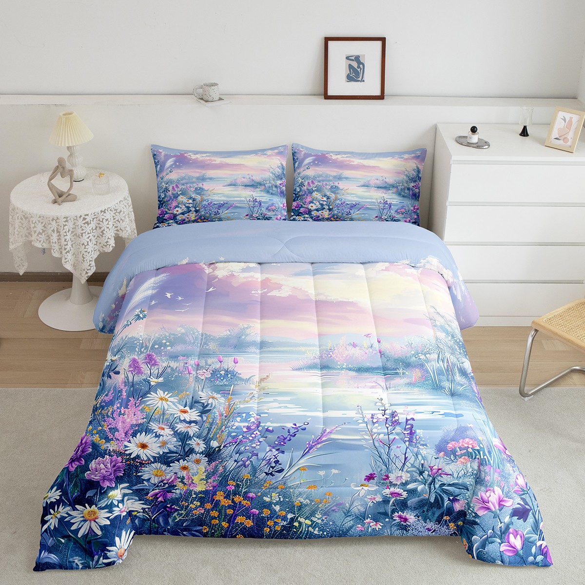 Lake Decor Comforter Set Jungle Flowers Down Comforter,Lake View King ...