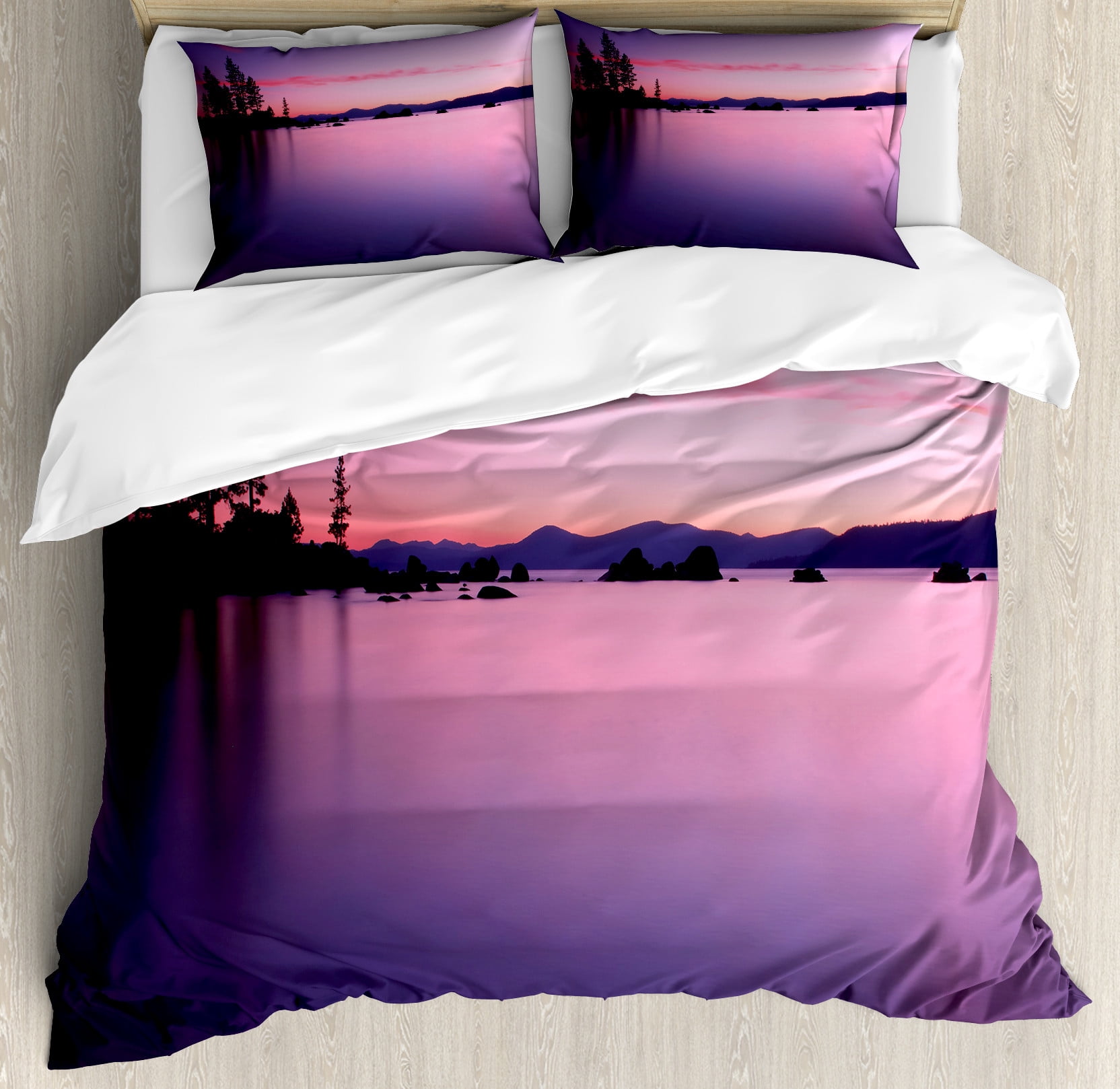 Lake Duvet Cover Set, Calm Lake After Sun Disappeared with Evening ...
