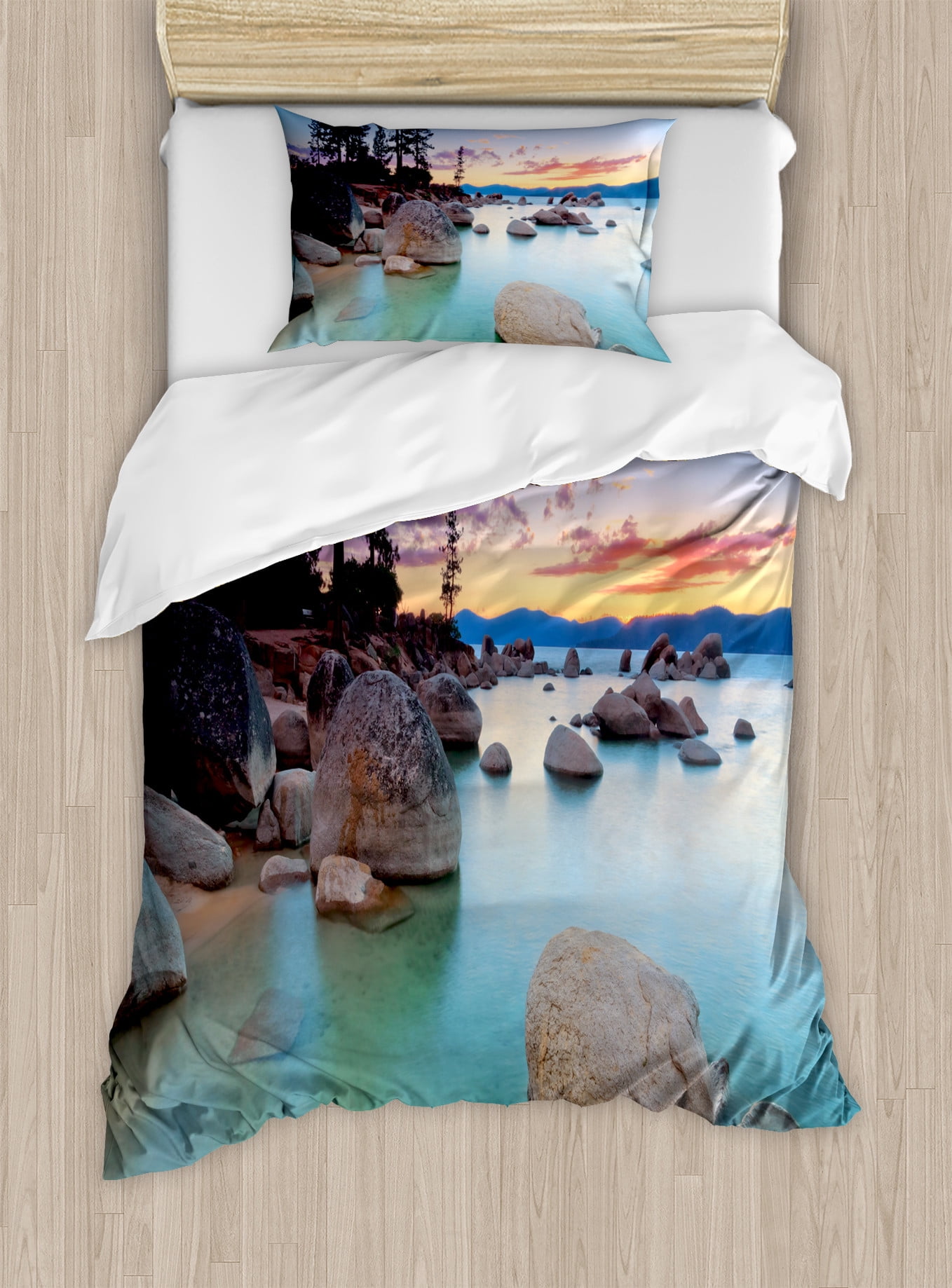 Lake Duvet Cover Set, Horizon on Stoned Sea Exquisite Sun Beams and ...
