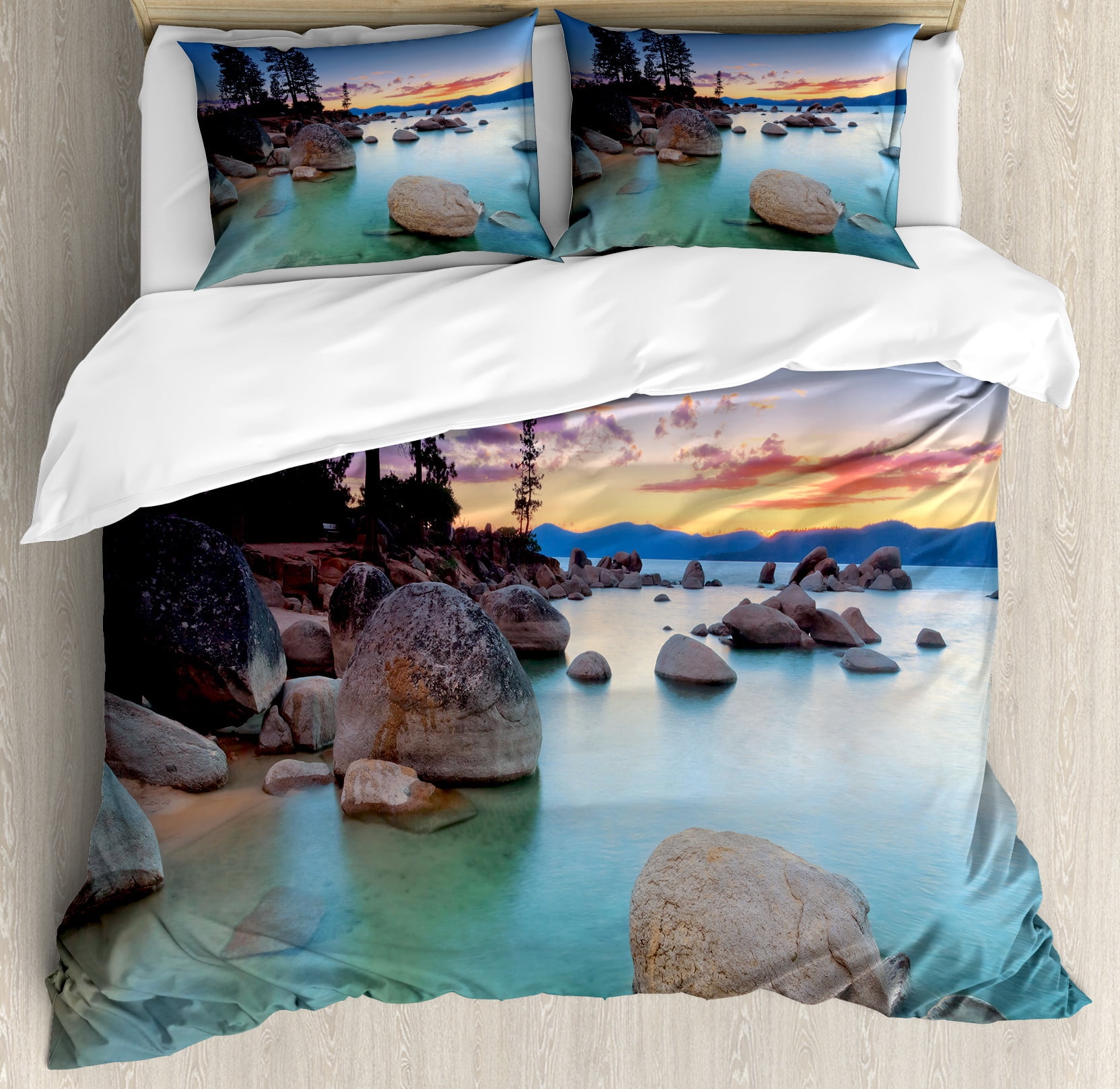 Lake Duvet Cover Set, Horizon on Stoned Sea Exquisite Sun Beams and ...