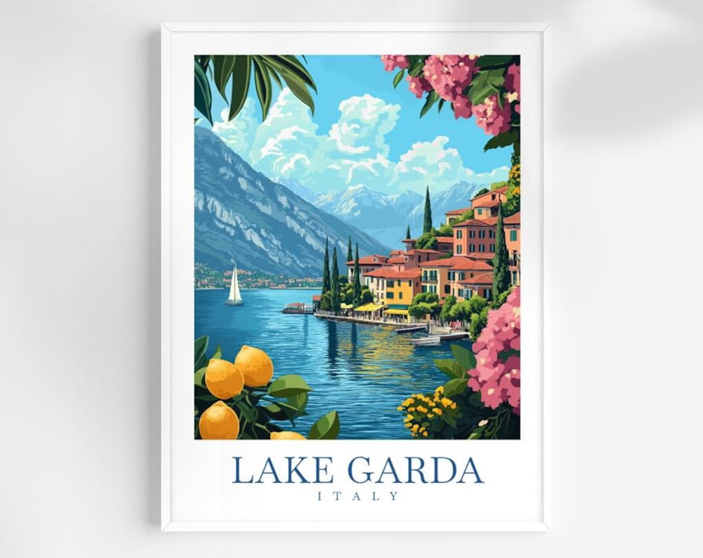 Lake Garda Italy Travel Print Wall Art – Illustrated Lakeside Landscape ...