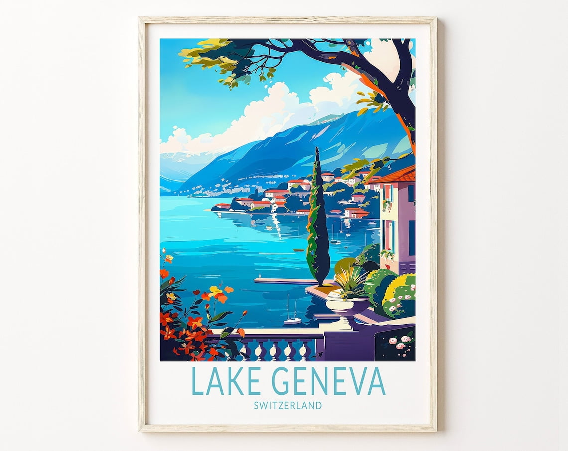 Lake Geneva Poster Wall Art, Lake Geneva Switzerland Travel Poster ...