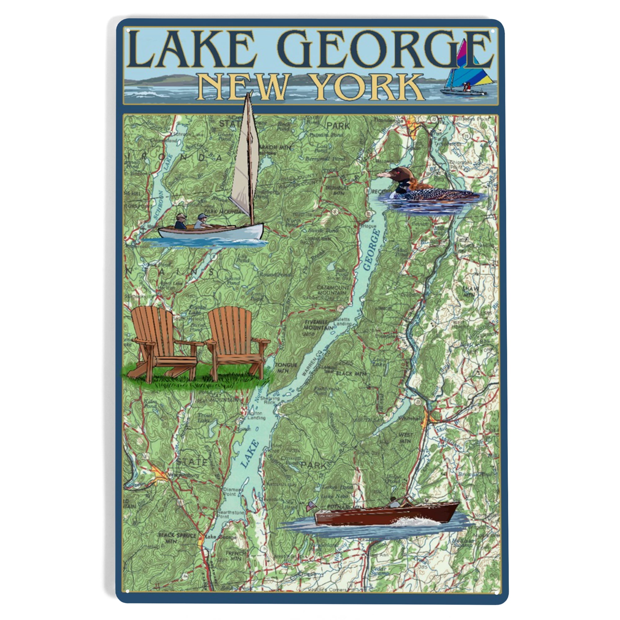 Lake George, New York, Lake Chart (12x18 Aluminum Art, Indoor Outdoor ...
