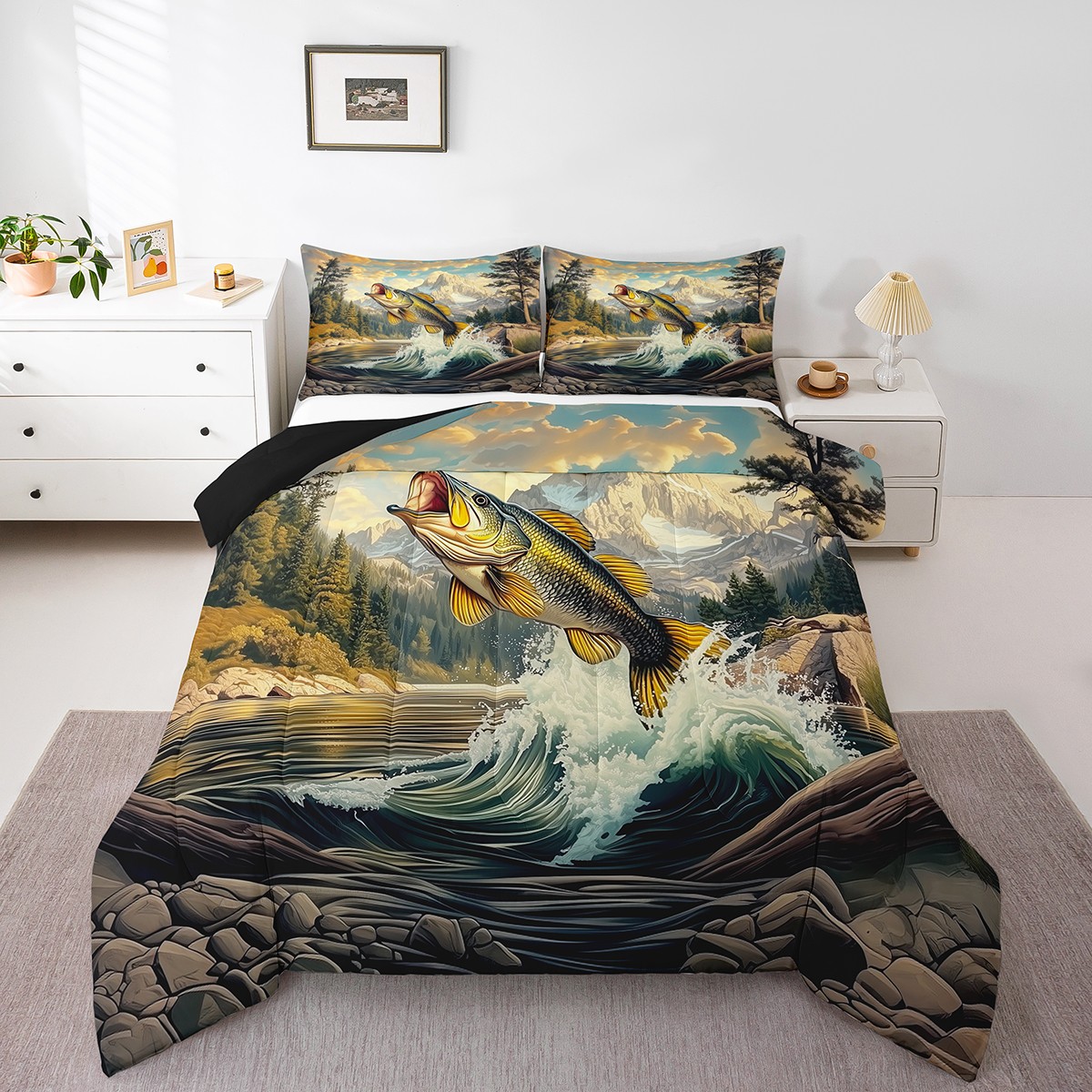 Lake House Comforter Set with 2 Pillowcases,Fishing Theme Super Soft ...