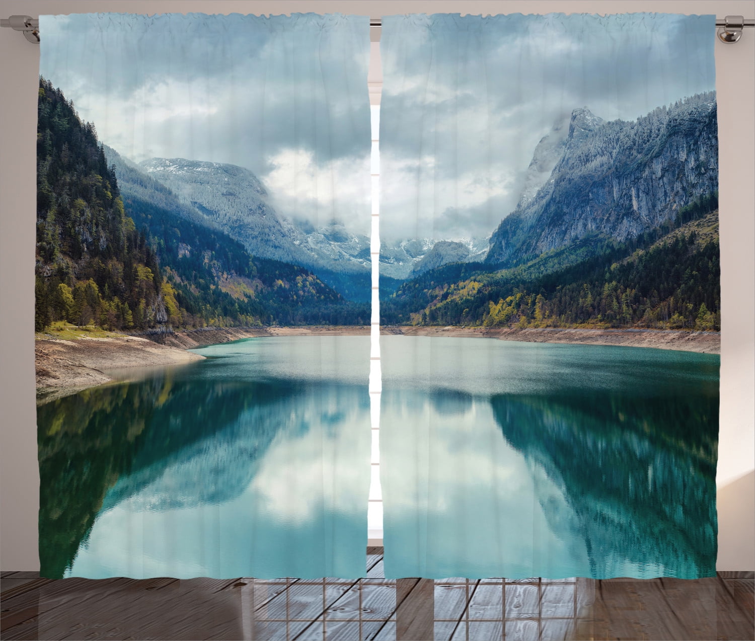 Ambesonne Mountain Curtains 2 Panel Set, Alpine Lake Sky Forest, 108" x ...