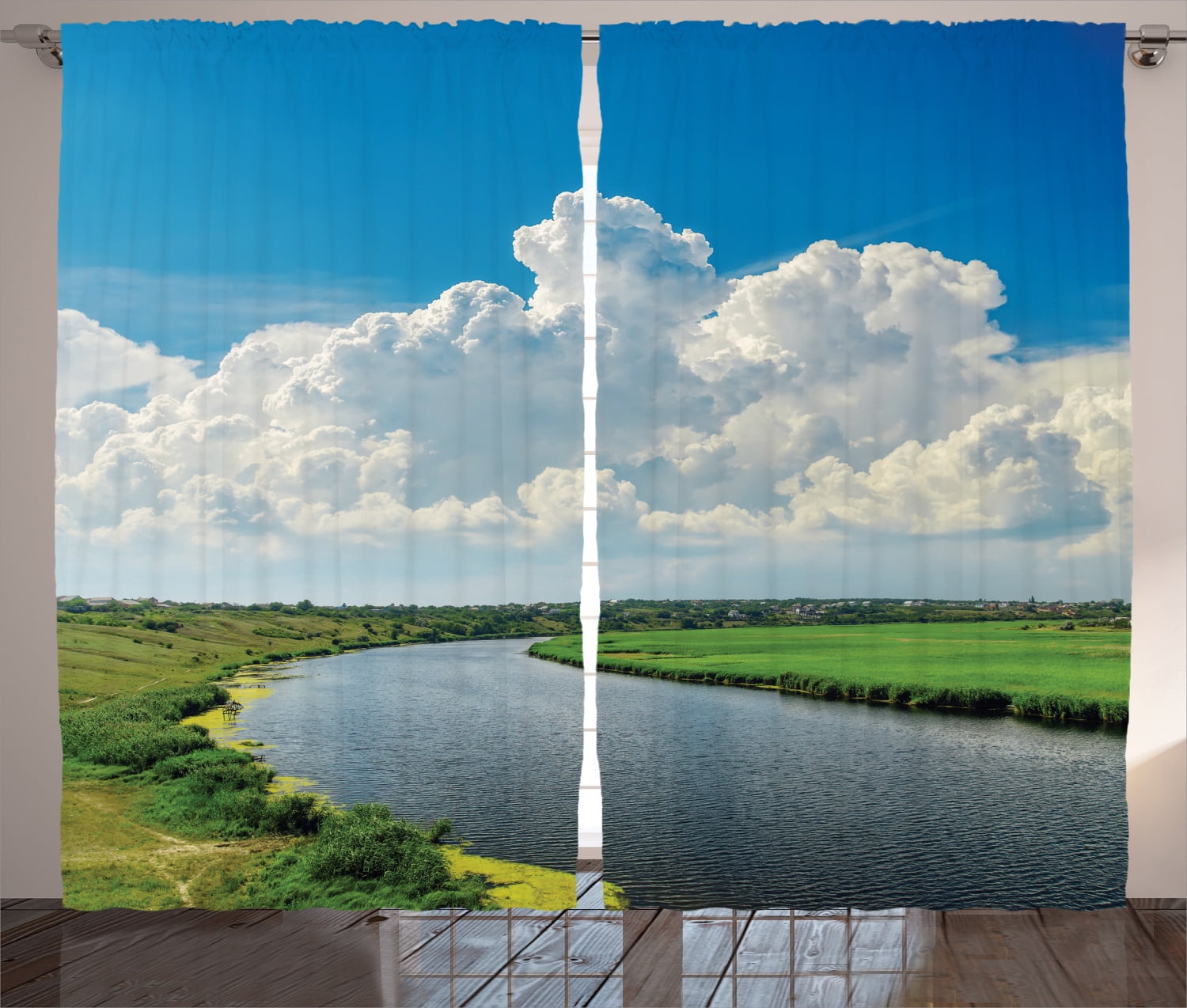 Ambesonne Landscape Curtains 2 Panel Set, Clouds River Meadows, 108" x ...