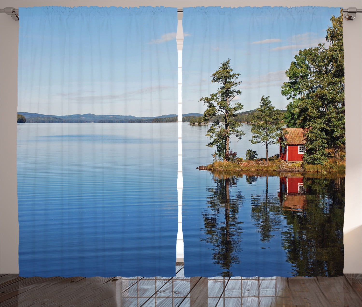 Ambesonne Landscape Curtains 2 Panel Set, Country Lake House, 108" x 90 ...