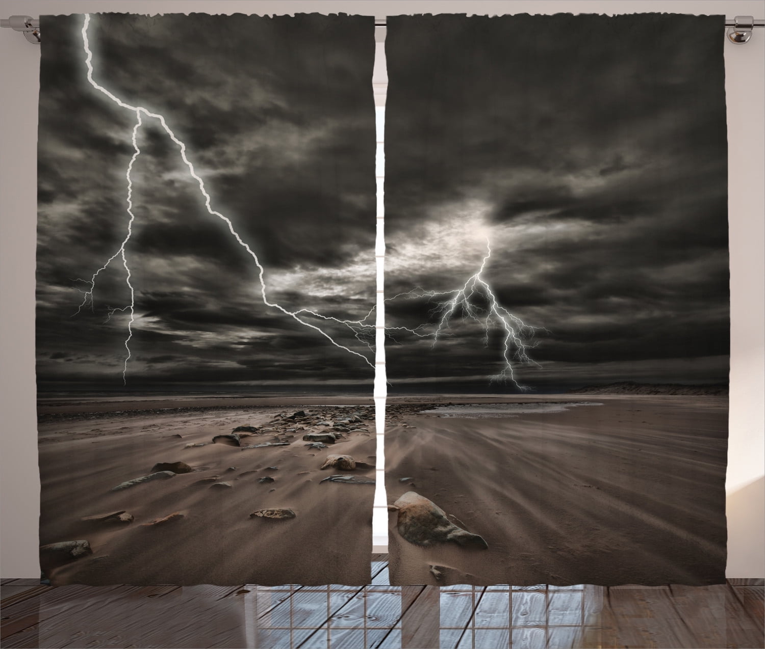 Lake House Decor Curtains 2 Panels Set, Lightning Flashes across the ...