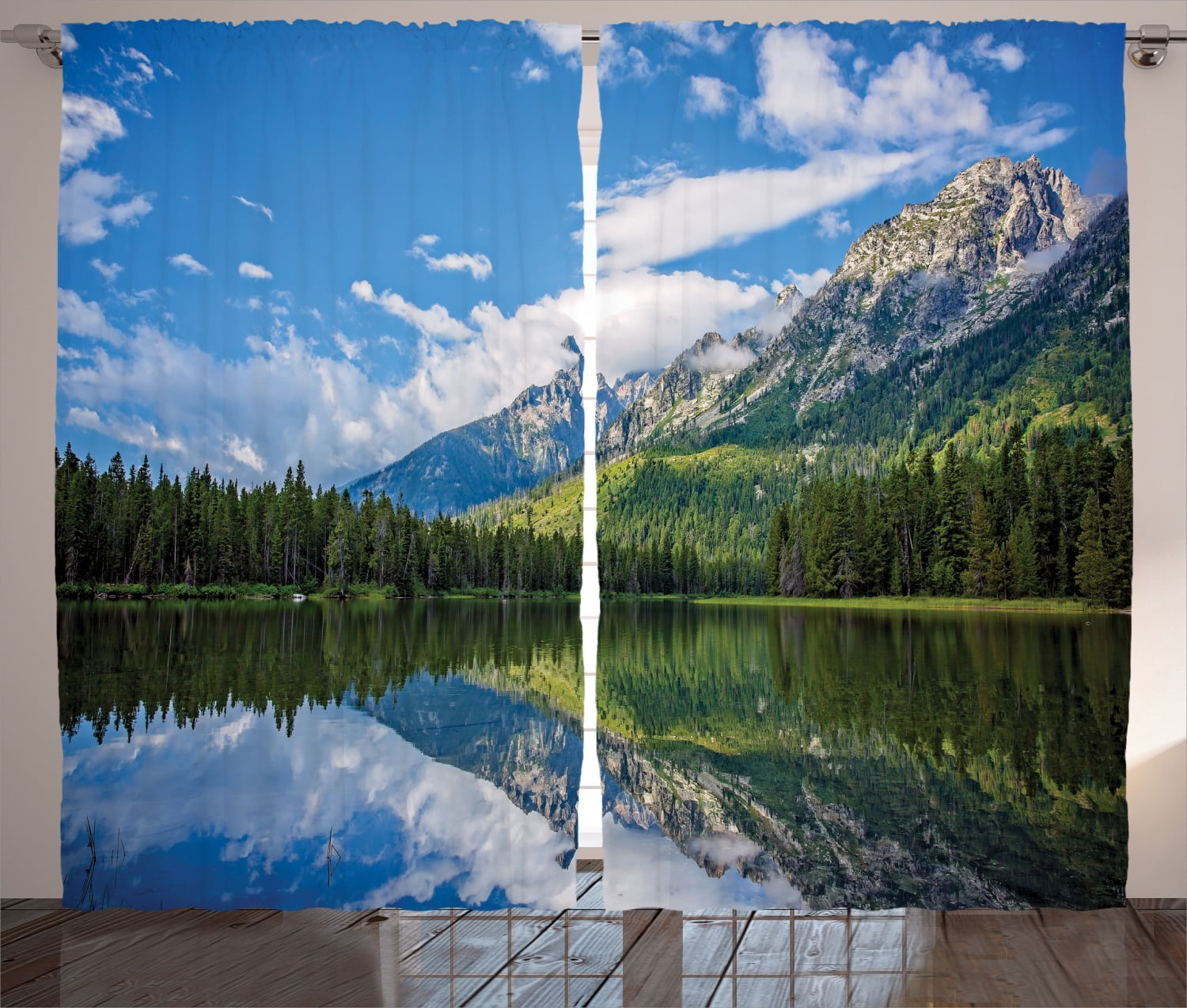 Ambesonne Nature Curtains 2 Panel Set, Mountain Lake Scenery, 108" x 84 ...
