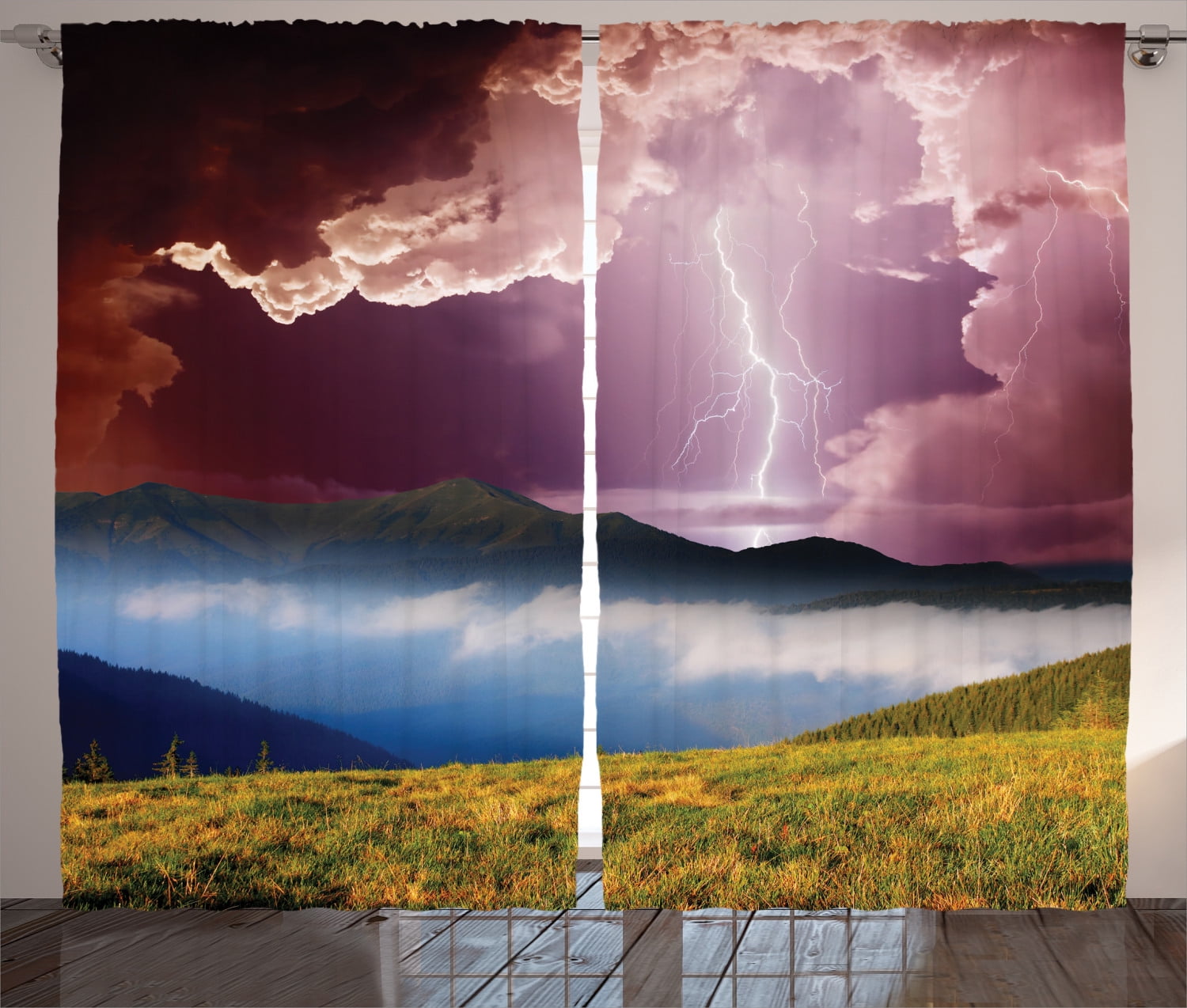 Ambesonne Nature Curtains 2 Panel Set, Earth Storm Rays Rural, 108" x ...