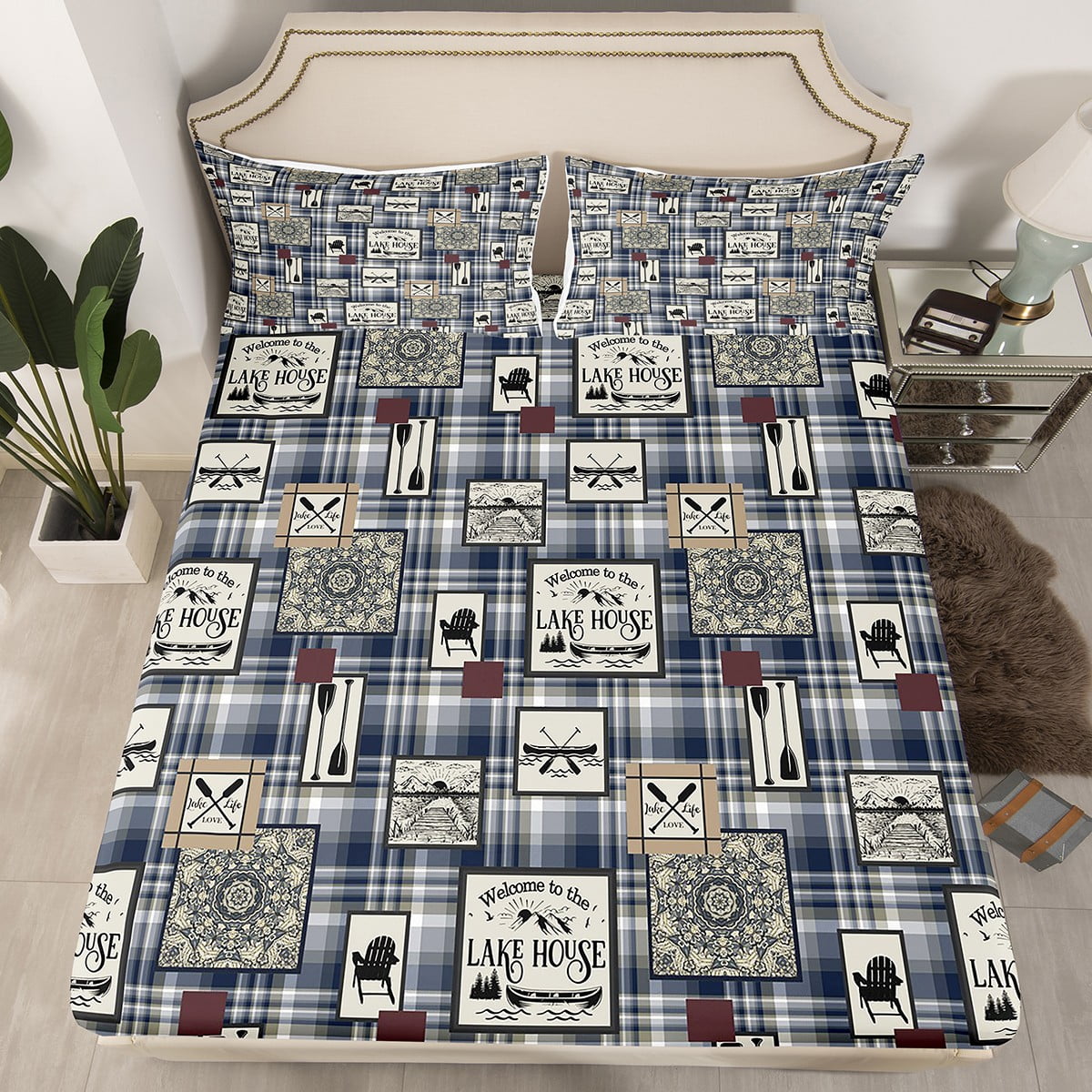 Lake House Decor Fitted Sheet Full Size Buffalo Checkered Bed Sheets ...