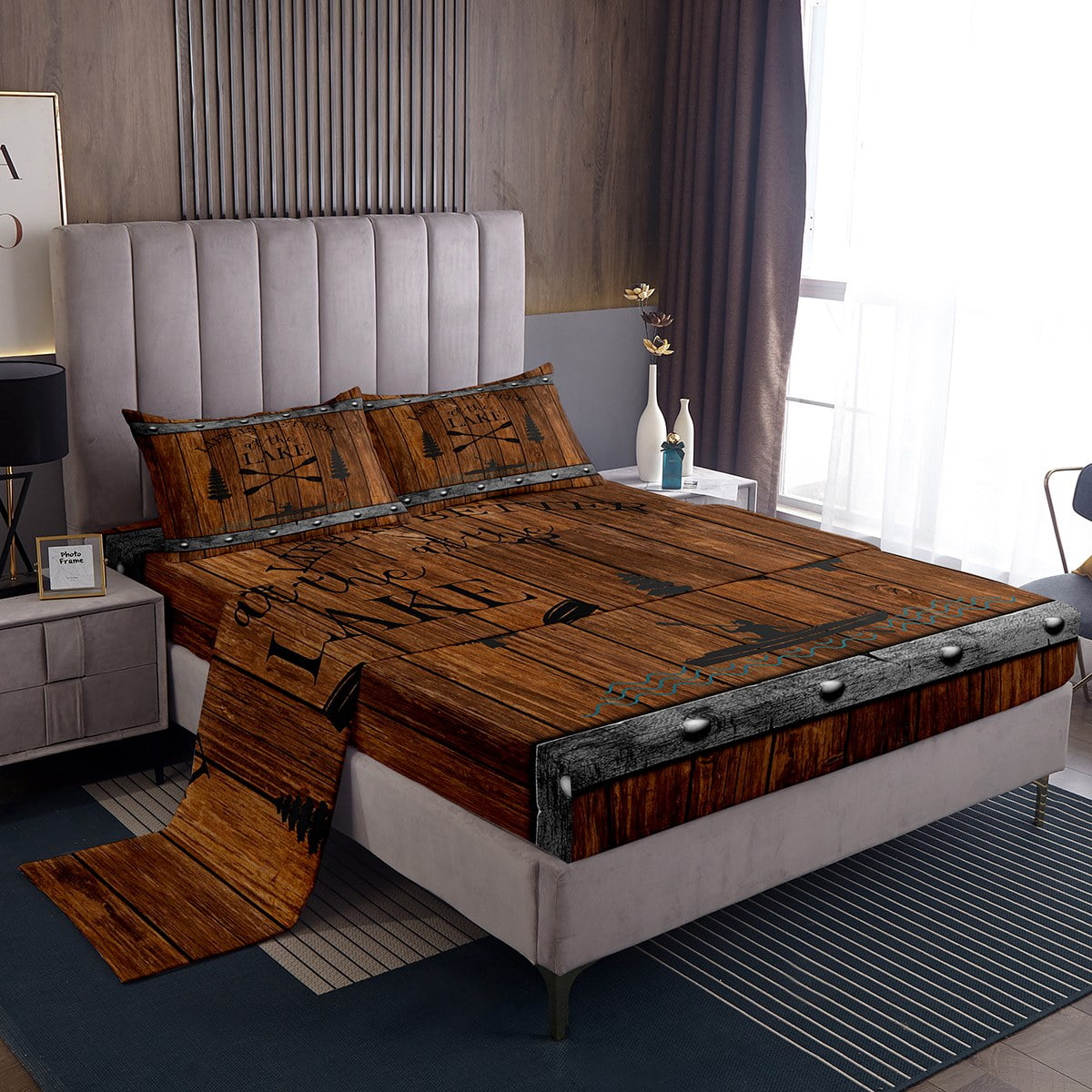 Lake House Sheet Set Queen Size, Lake Paddle Decor Sheets Rustic ...